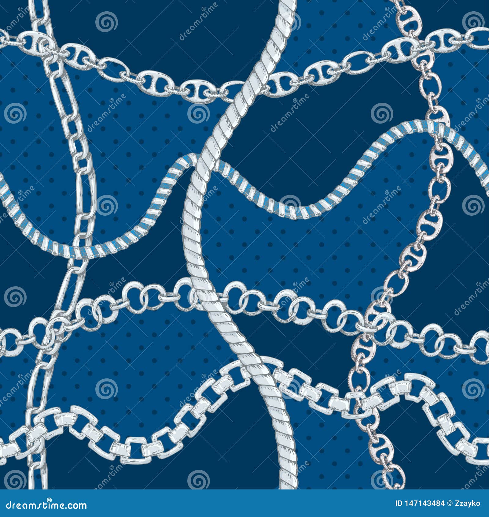 Seamless Pattern with Retro Hand-drawn Sketch Silver Chain on Dark ...