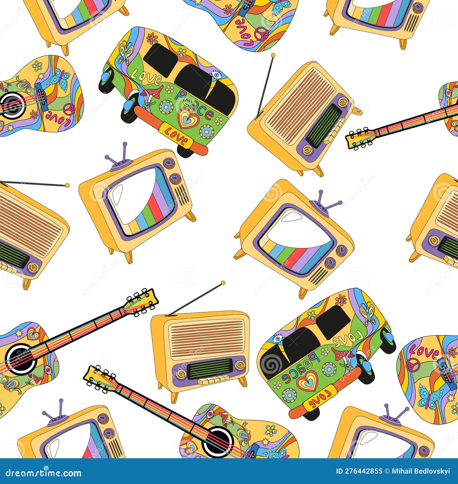 Seamless Pattern in Retro Hippie Style Stock Vector - Illustration of ...