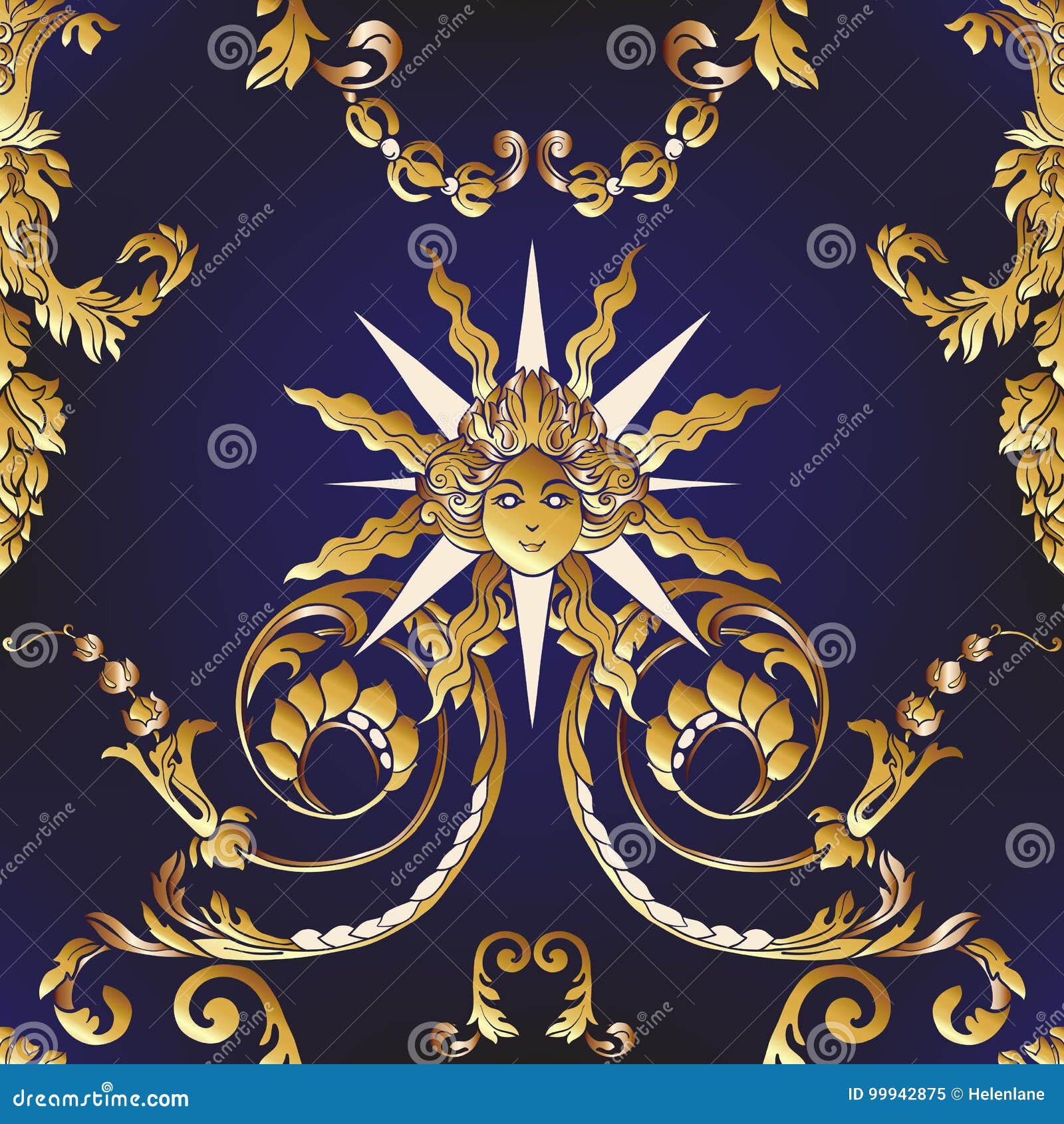 Seamless Pattern with Richly Decorated Rococo Style Floral Decor Stock ...