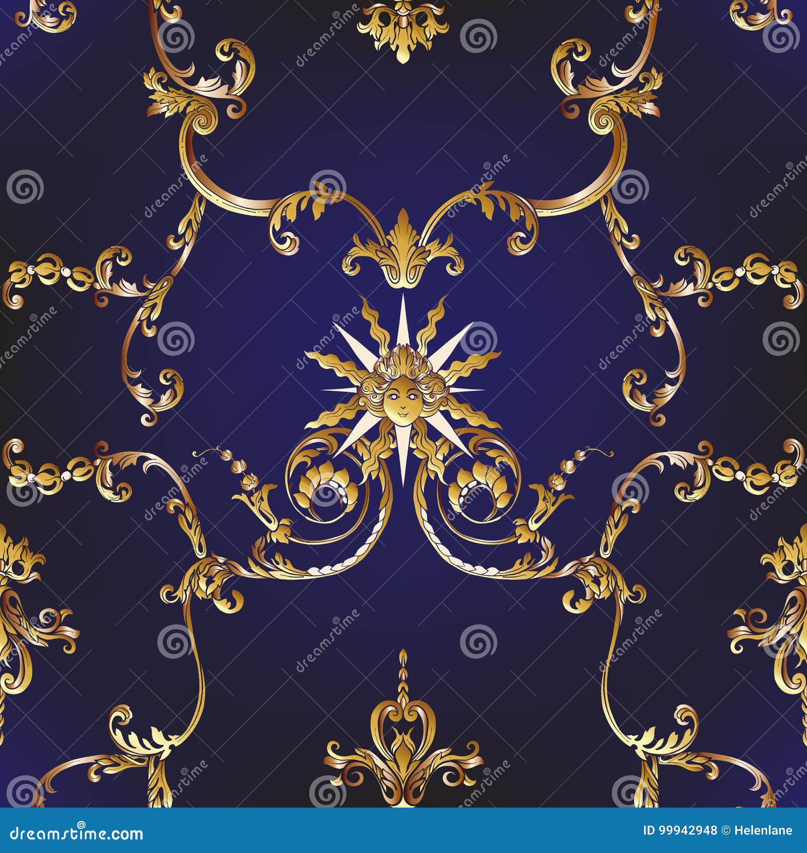 Seamless Pattern with Richly Decorated Rococo Style Floral Decor Stock ...