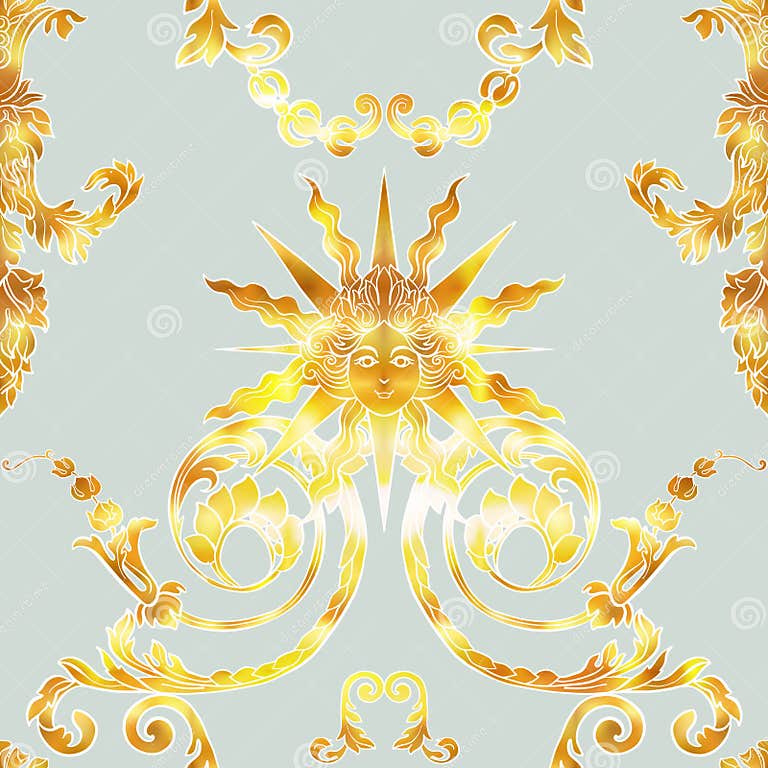 Seamless Pattern with Richly Decorated Rococo Style Floral Decor ...