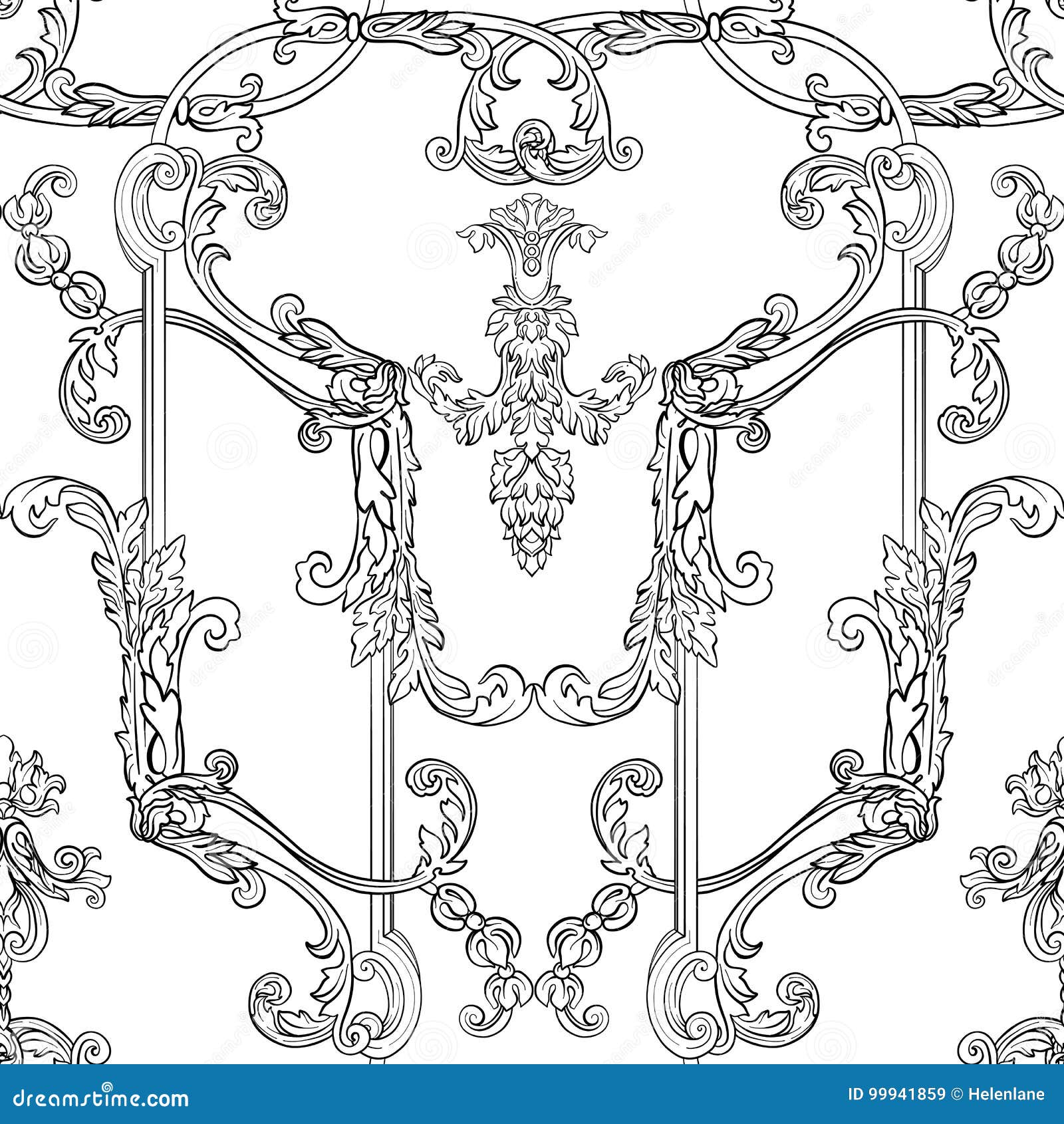 Seamless Pattern with Richly Decorated Rococo Style Floral Decor Stock ...