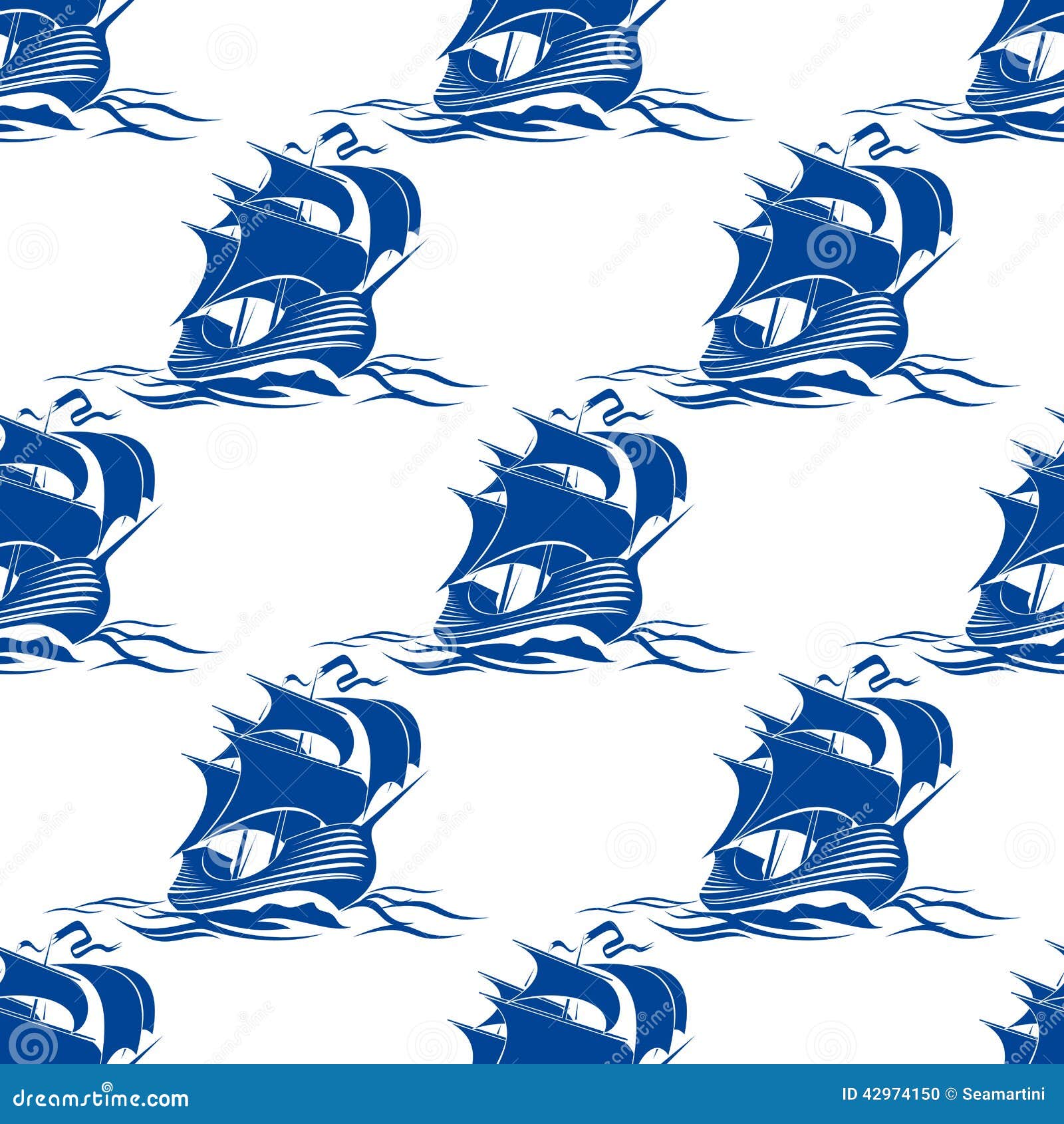 Seamless Pattern of Rigged Sailing Ship Stock Vector - Illustration of ...