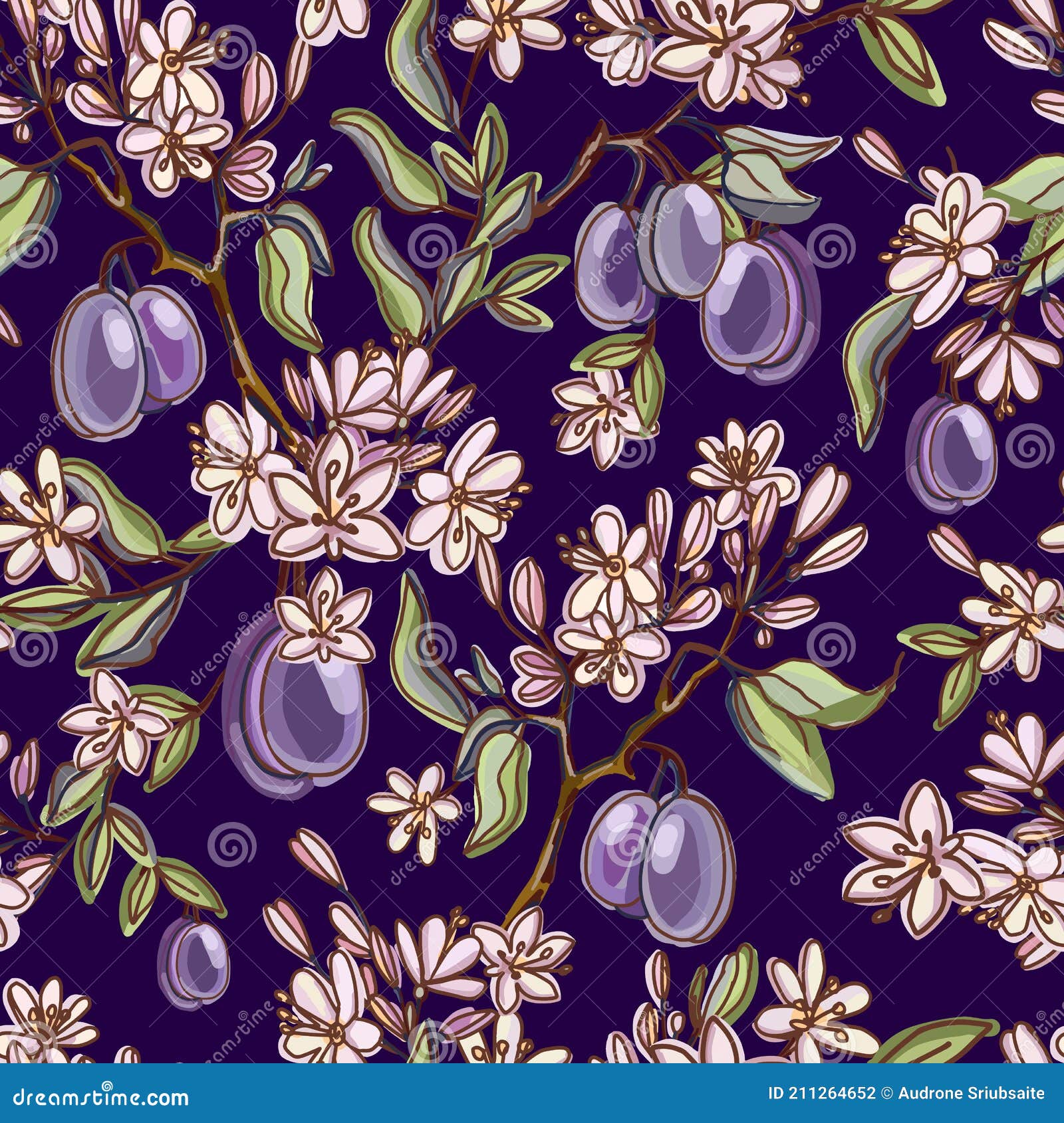 Seamless Pattern with Ripe Plums and Flowering Branches, Leaves on a ...