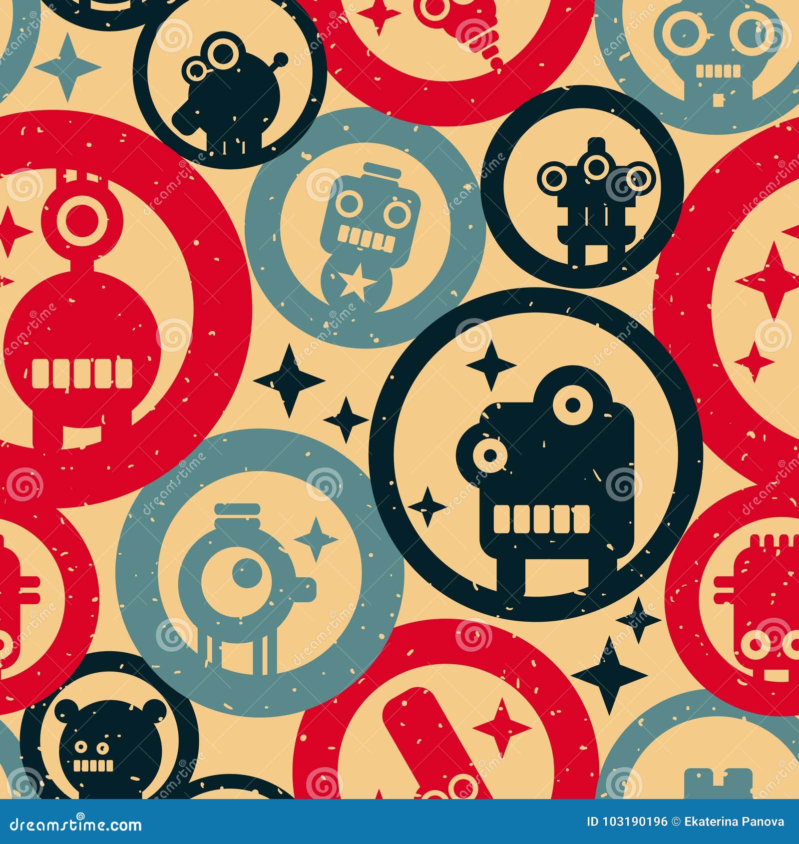 Seamless Pattern with Robots and Circles in Vintage Colors. Stock ...