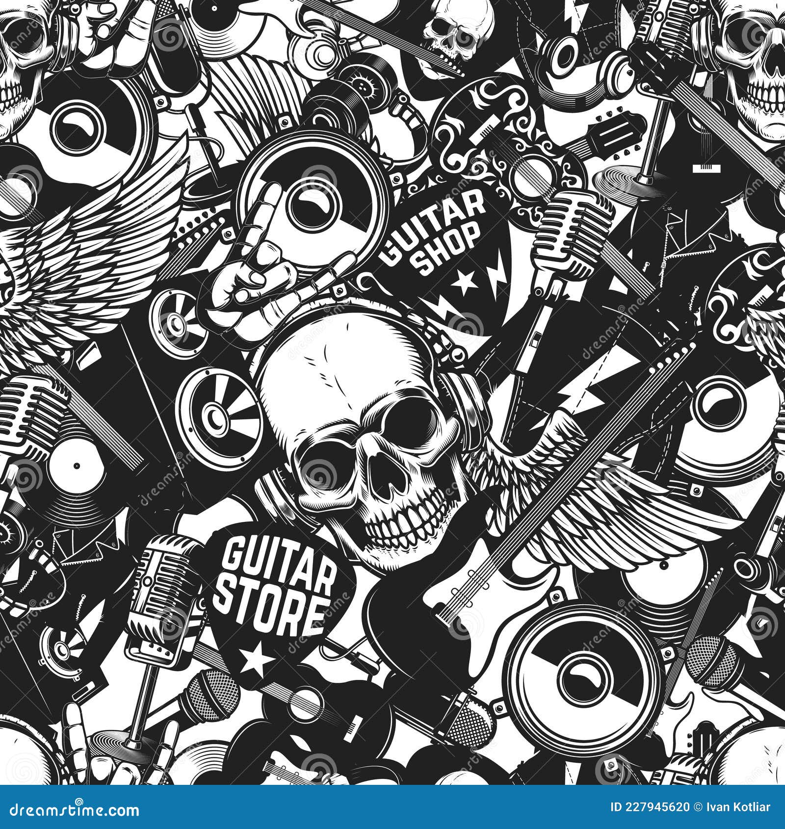 Seamless Pattern with Rock and Roll Music Elements in Monochrome Style ...