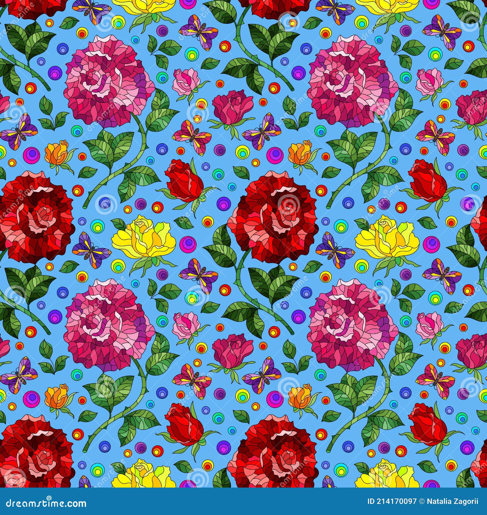 Seamless Illustration with Rose Flowers and Butterflies, Bright Flowers ...