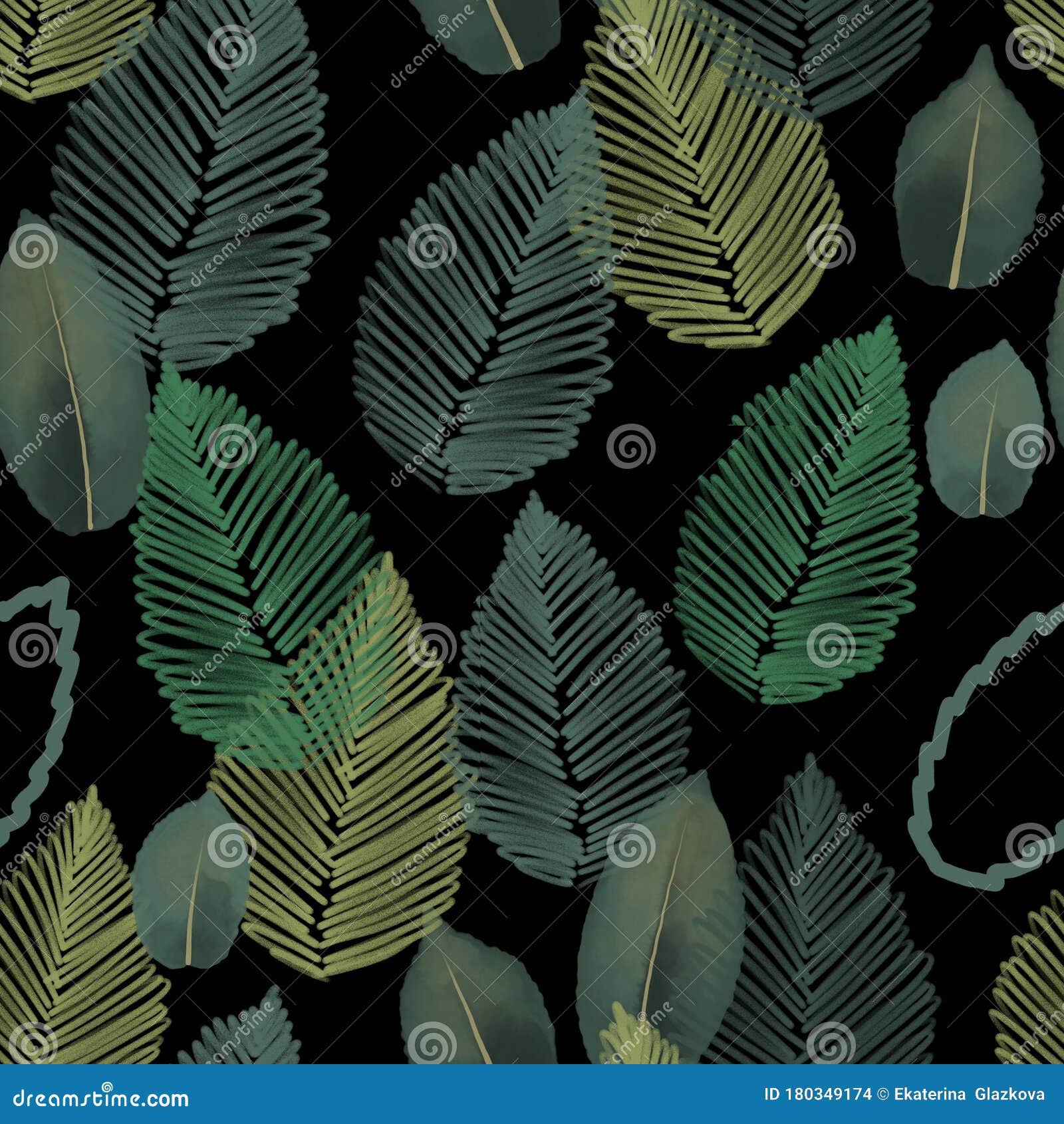 Seamless Pattern of Rose Leaves Drawn in Hatching Technique in Vibrant ...