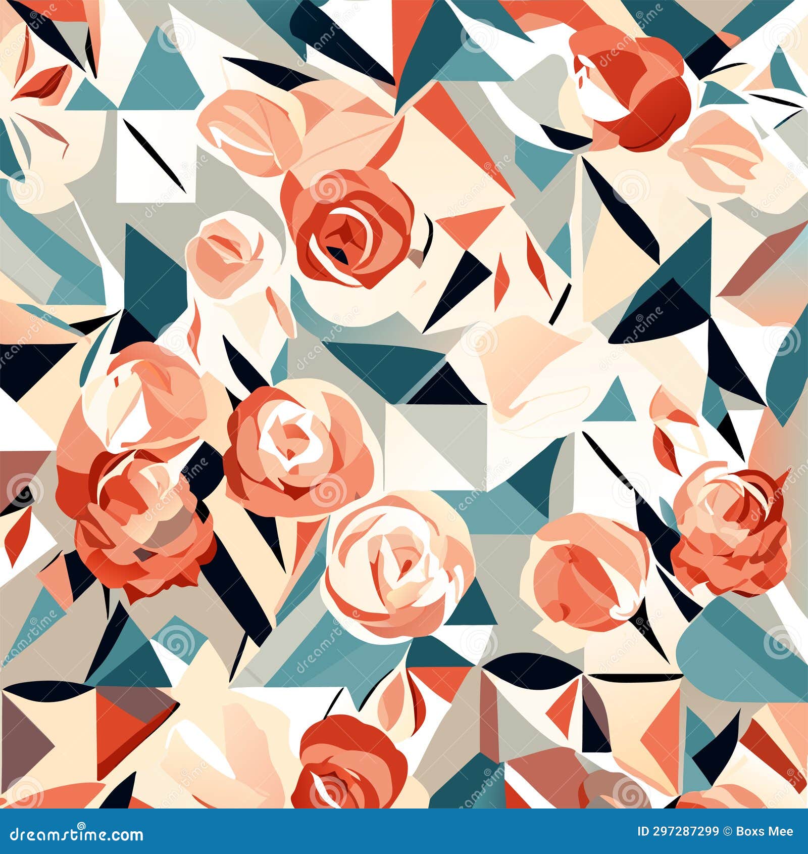 Seamless Pattern with Roses and Geometric Shapes. Vector Illustration ...