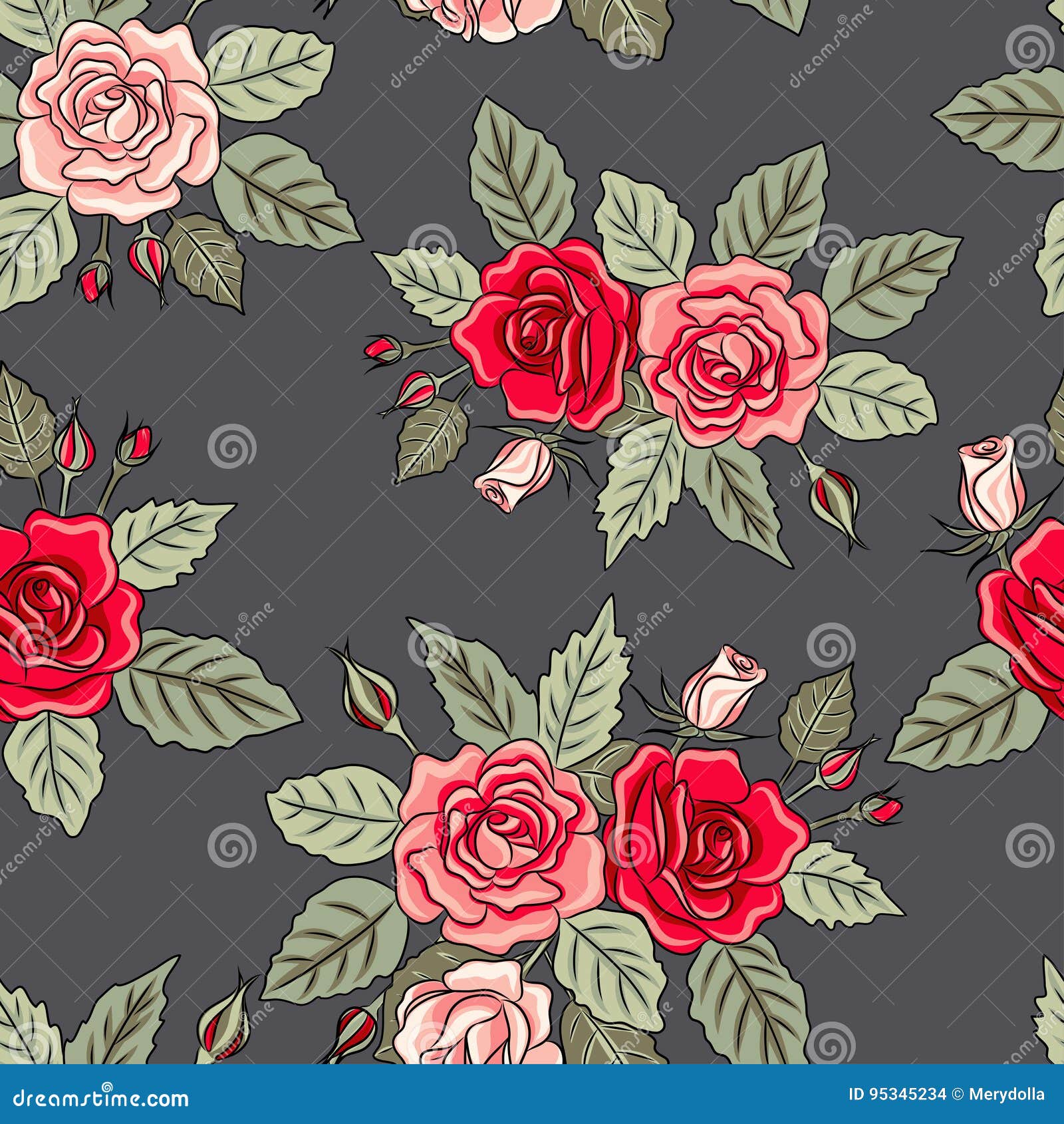 Seamless Pattern of Roses with Leaves Stock Illustration - Illustration ...