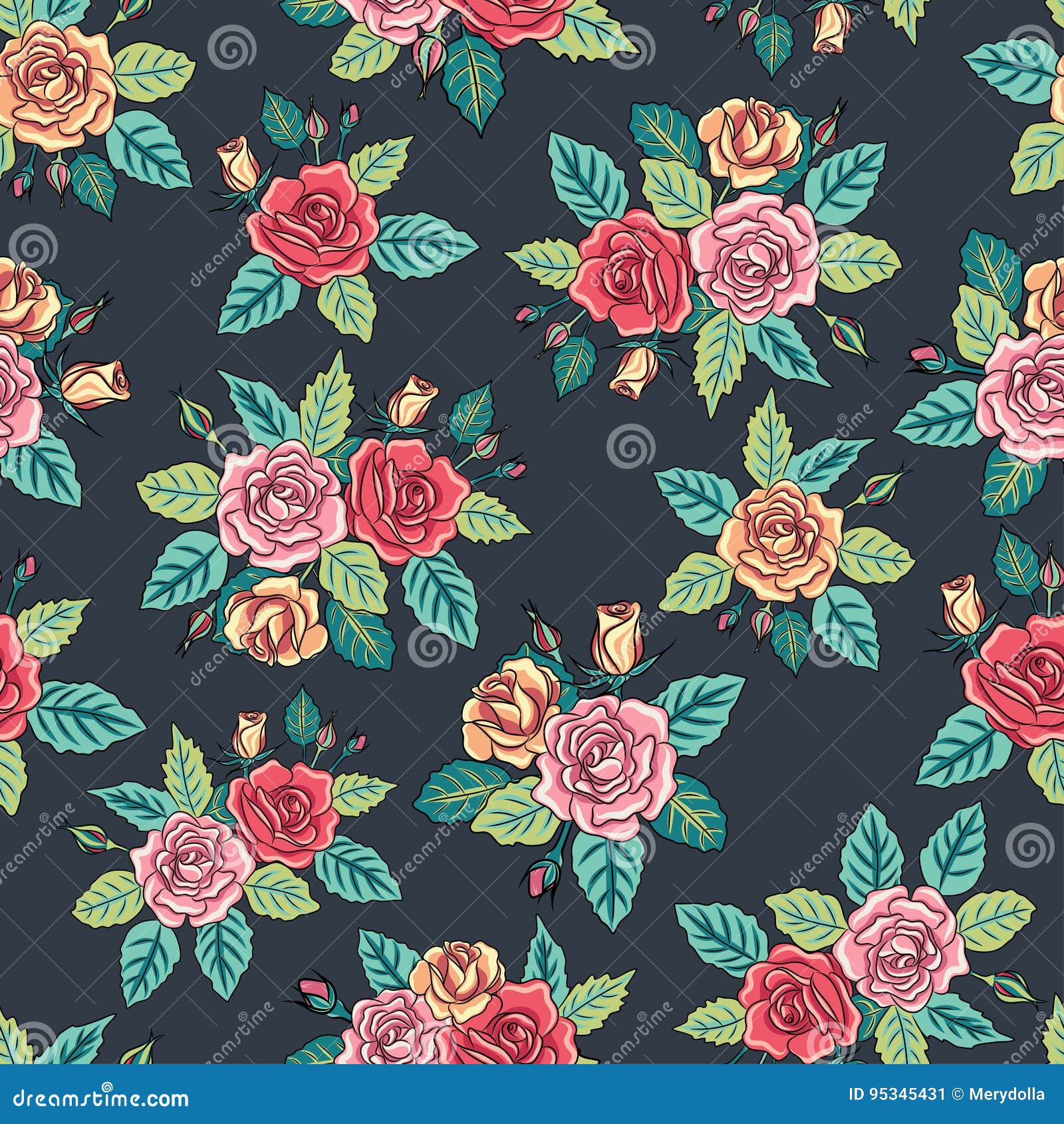 Seamless Pattern of Roses with Leaves Stock Illustration - Illustration ...