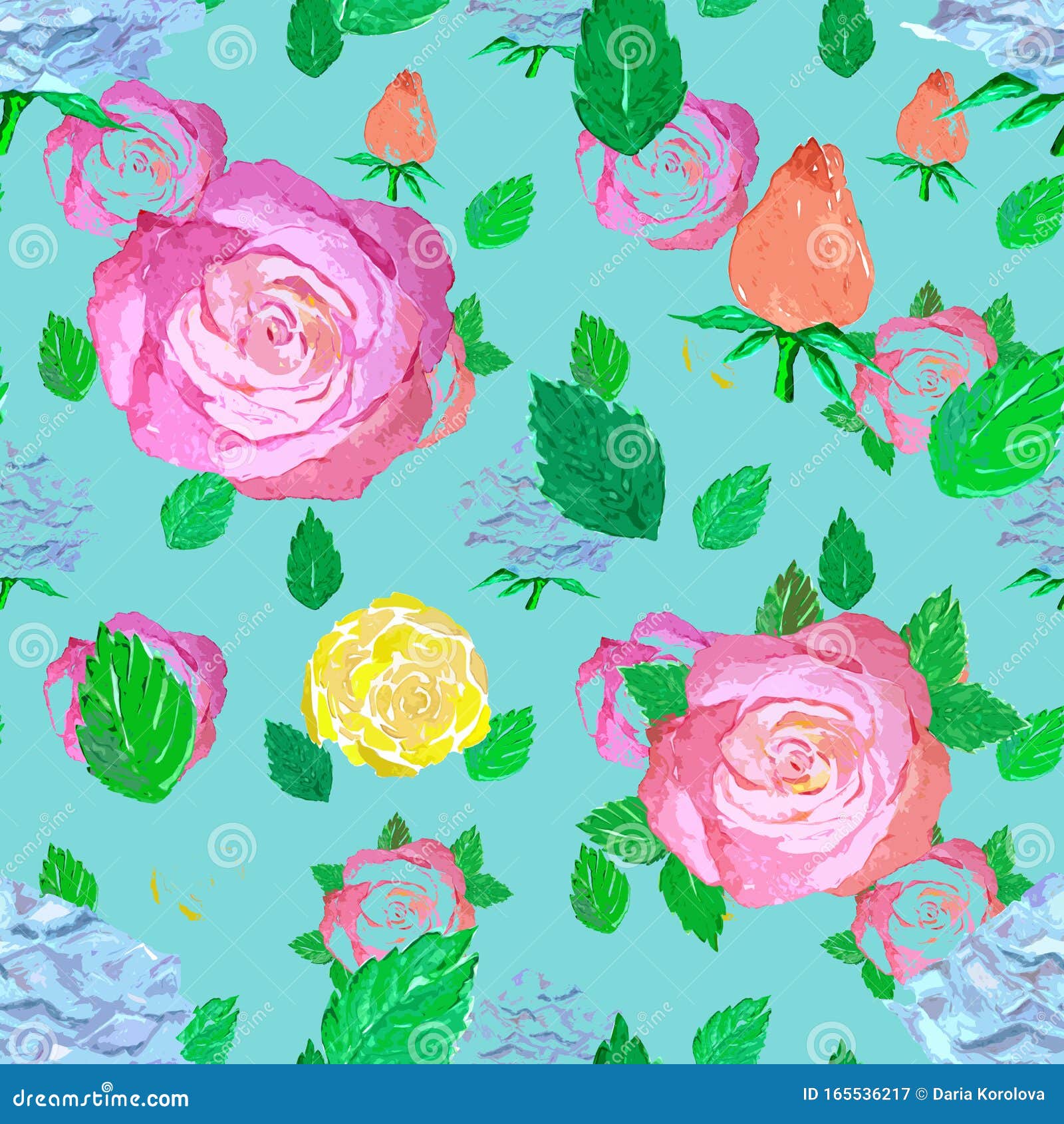 Seamless Pattern with Roses, Leaves and Rosebuds, Bright Illustration ...