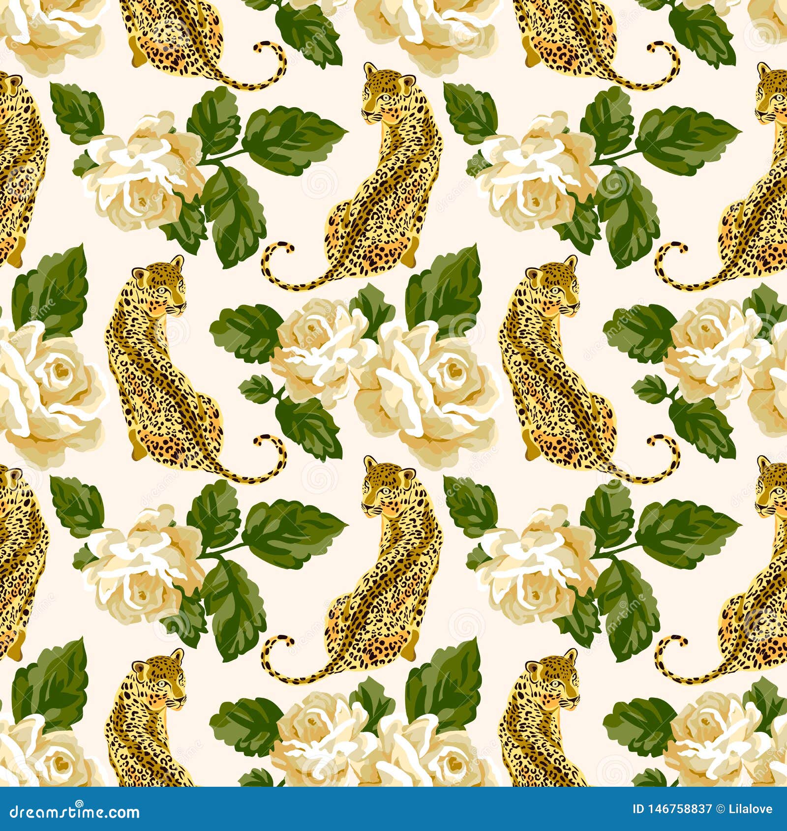 Seamless Pattern with Roses and Leopard Stock Vector - Illustration of ...