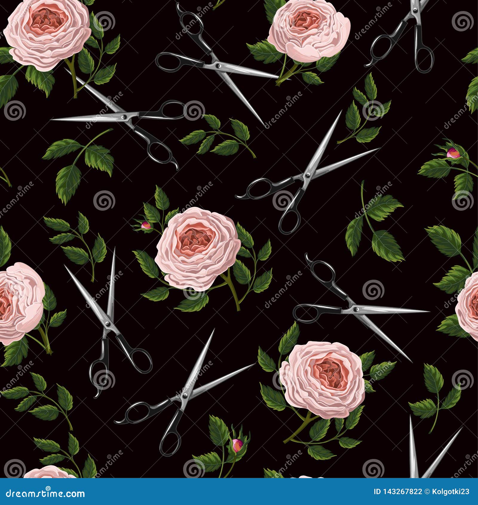 Seamless Pattern with Roses and Scissors. Vector. Stock Vector ...