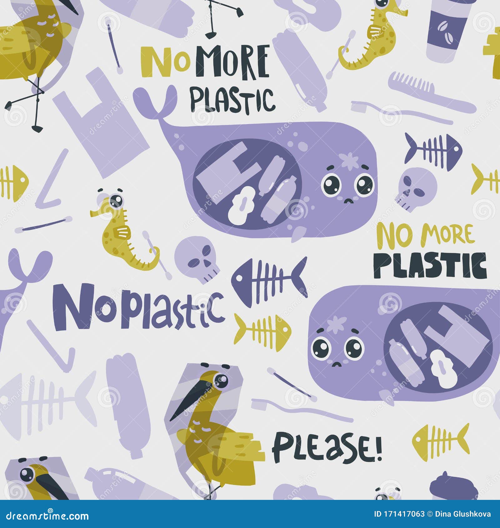 Seamless Pattern with Sad Sea Animals and Plastic Garbage in the Ocean ...