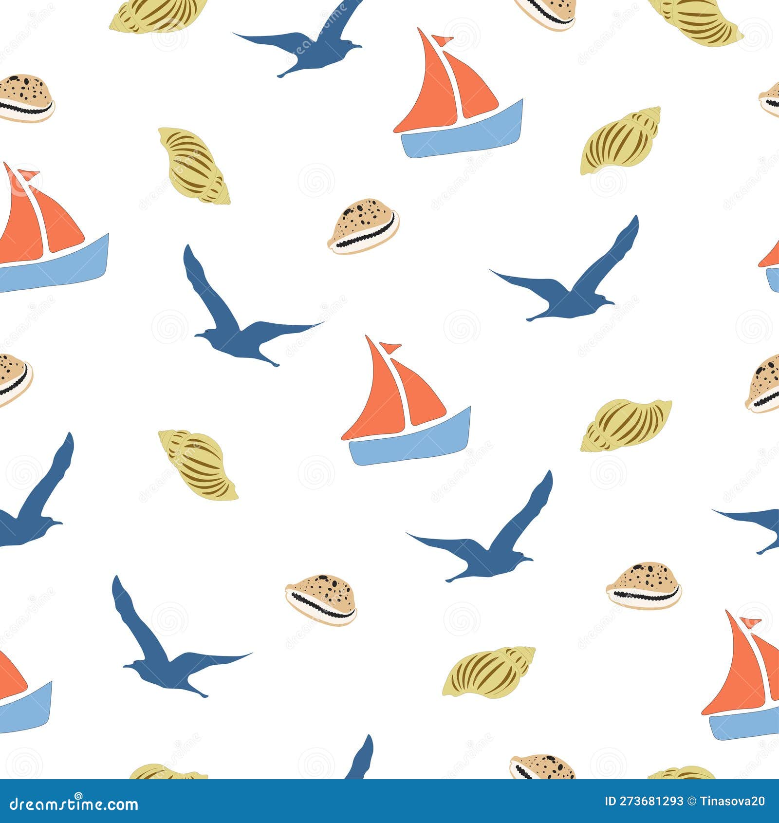 Seamless Pattern Sailboats, Seashells, Gulls. Boats, Shell, Flying Seagull Paint Repeat Texture ...