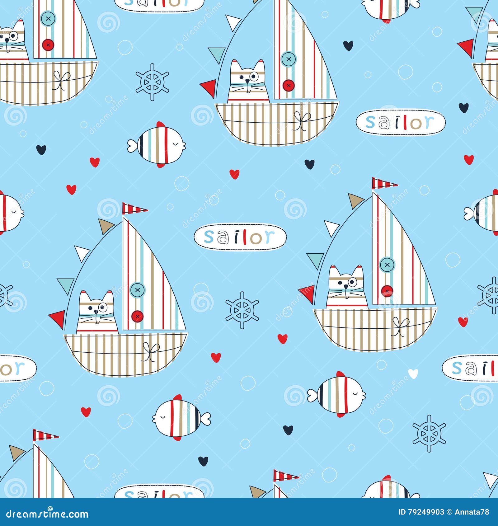 Seamless Pattern with Sailing Ship and Cats Stock Vector - Illustration ...