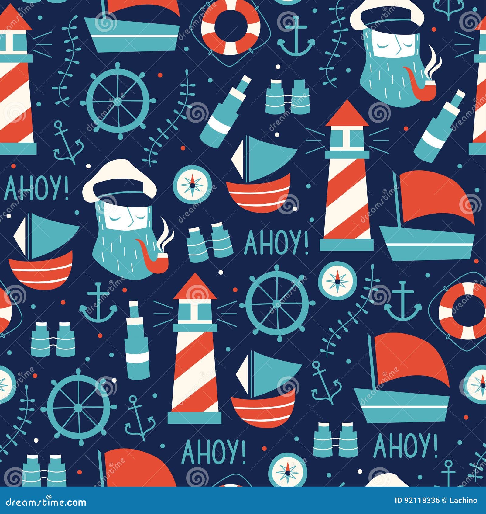 Seamless Pattern with Sailors, Wheel, Ship, and Different Elements ...