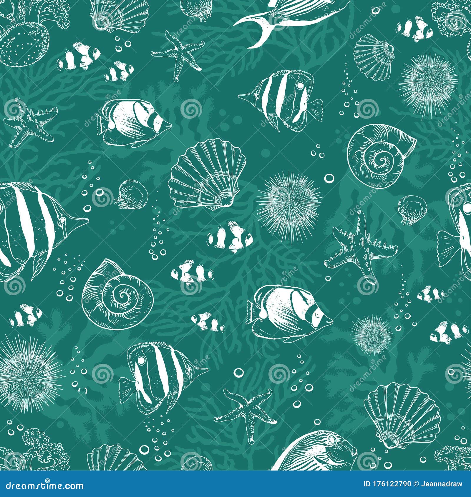 Seamless Pattern with Saltwater Fishes, Shells, Seastars and Corals ...