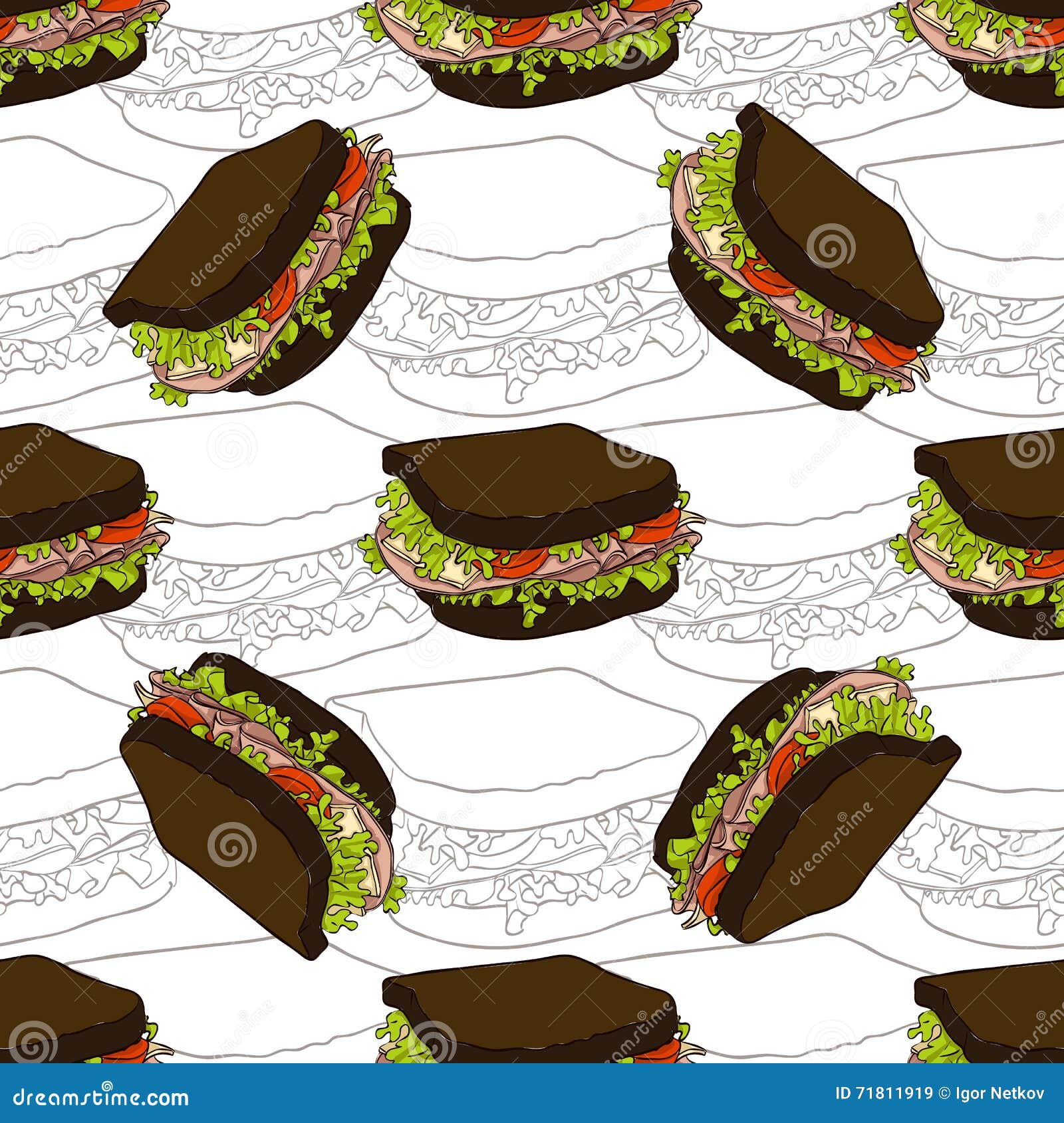Seamless Pattern Sandwich Scetch and Color Stock Vector - Illustration ...