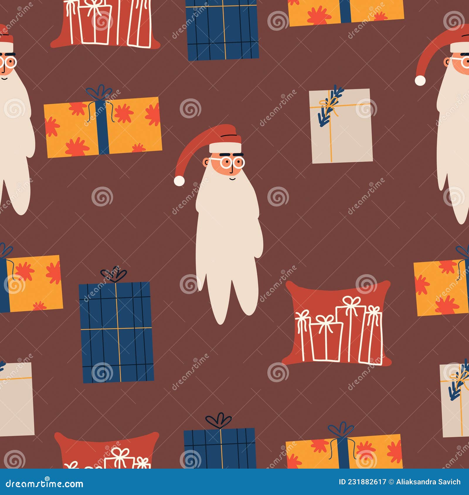 Seamless Pattern with Santa, Gifts. Christmas Background. Vector ...