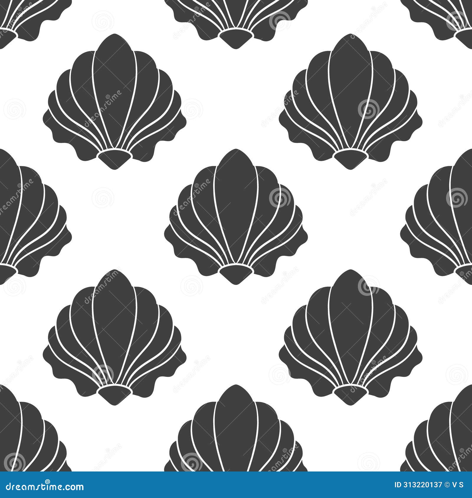 Seamless Pattern of Scallop Seashells. Black Silhouette of Seashells on ...