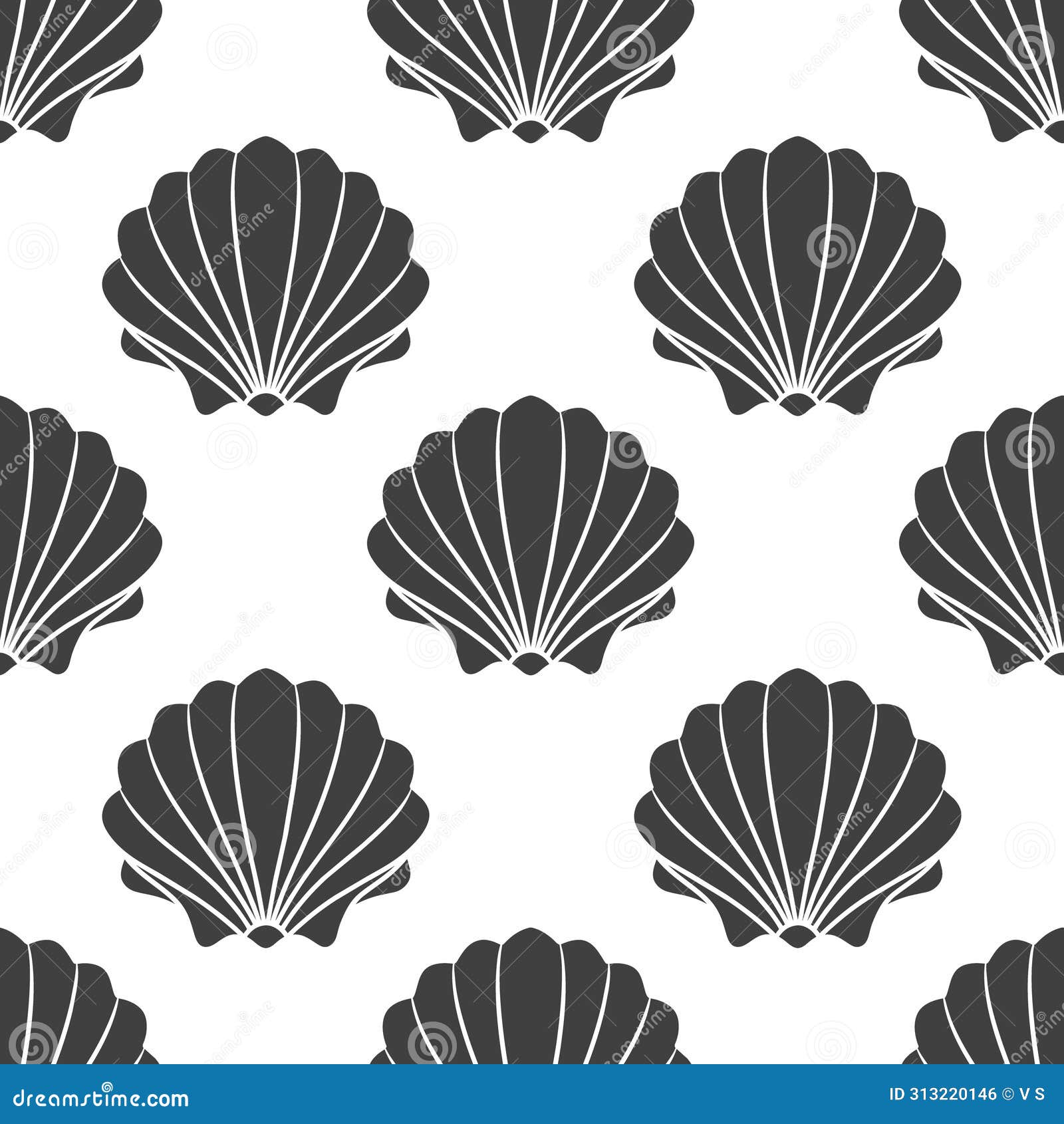 Seamless Pattern of Scallop Seashells. Black Silhouette of Seashells on ...