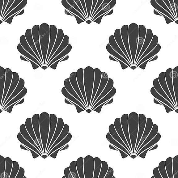 Seamless Pattern of Scallop Seashells. Black Silhouette of Seashells on ...