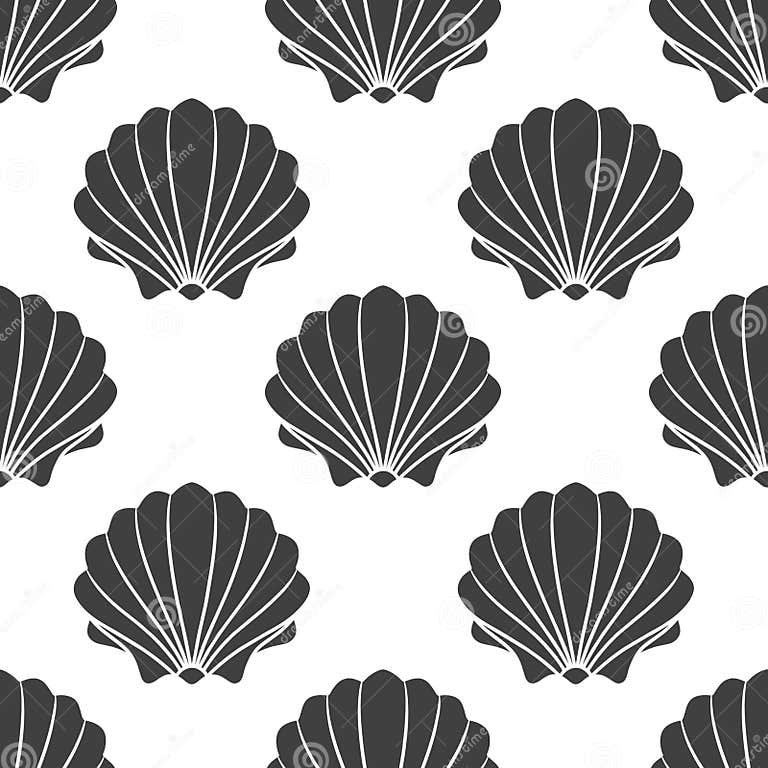 Seamless Pattern of Scallop Seashells. Black Silhouette of Seashells on ...