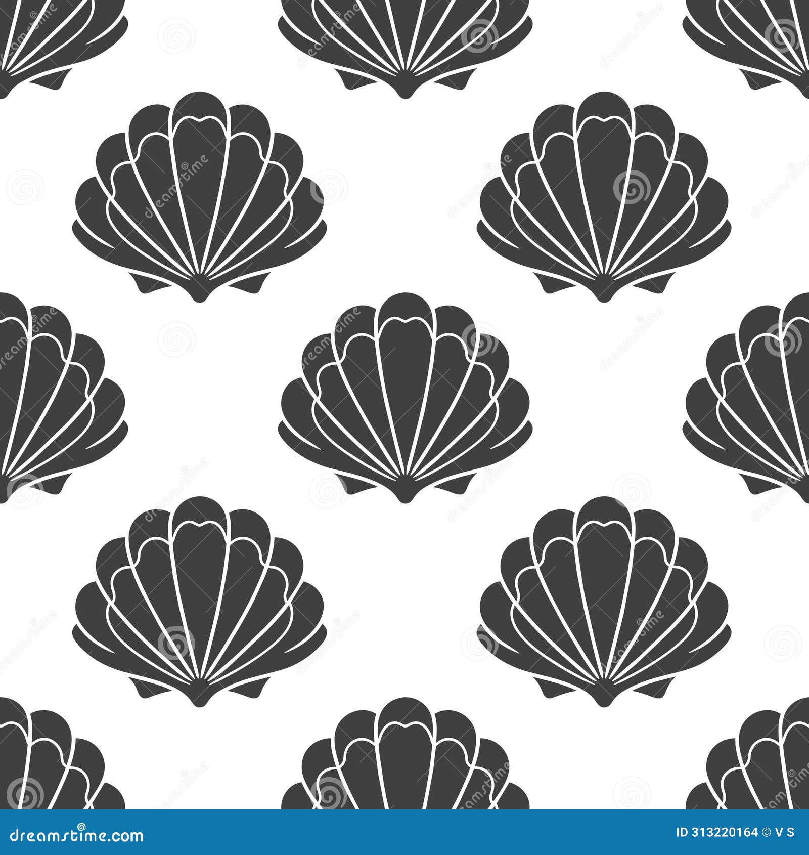 Seamless Pattern of Scallop Seashells. Black Silhouette of Seashells on ...