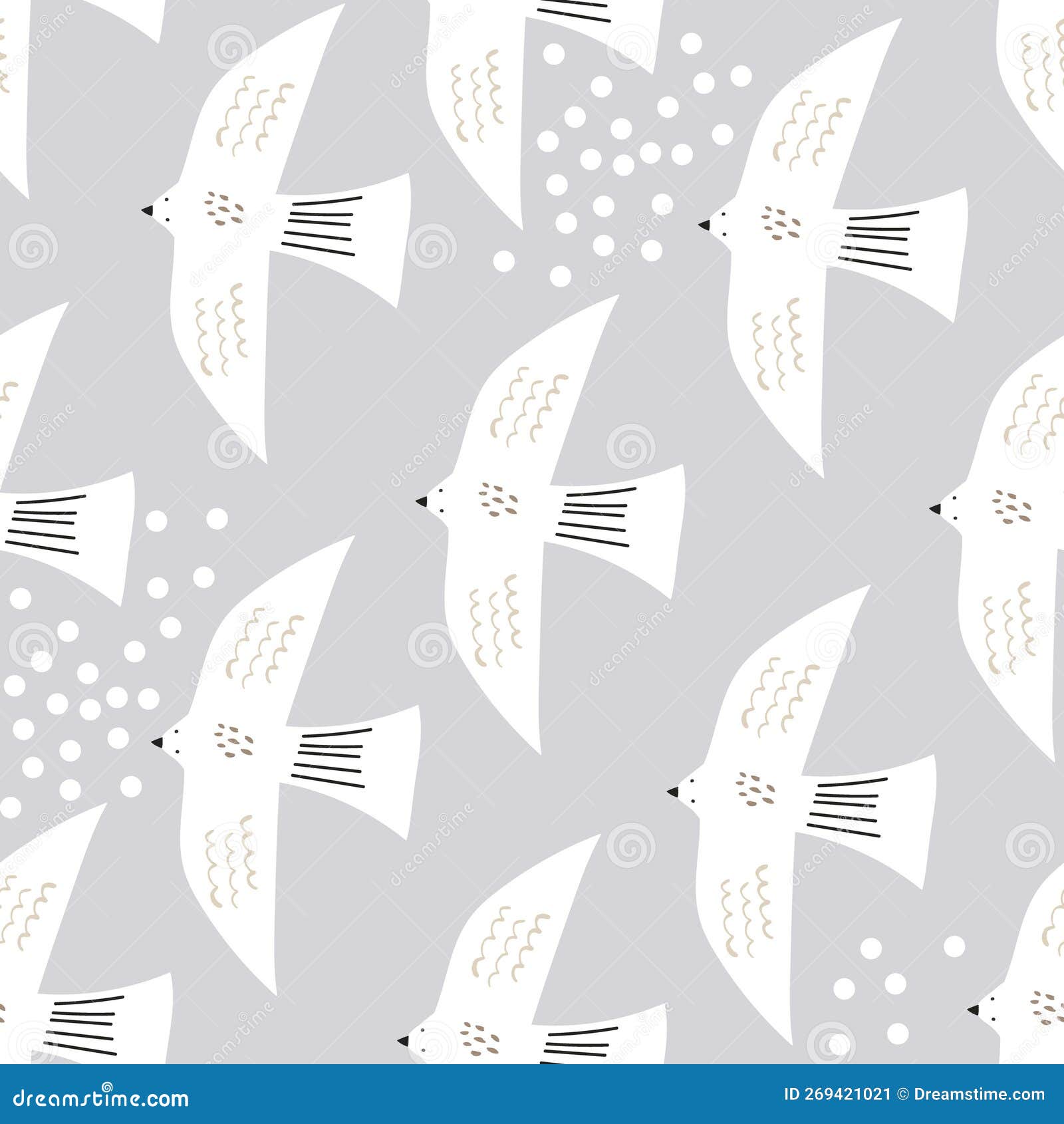 Seamless Pattern with Scandinavian Style White Birds on Gray. Creative ...