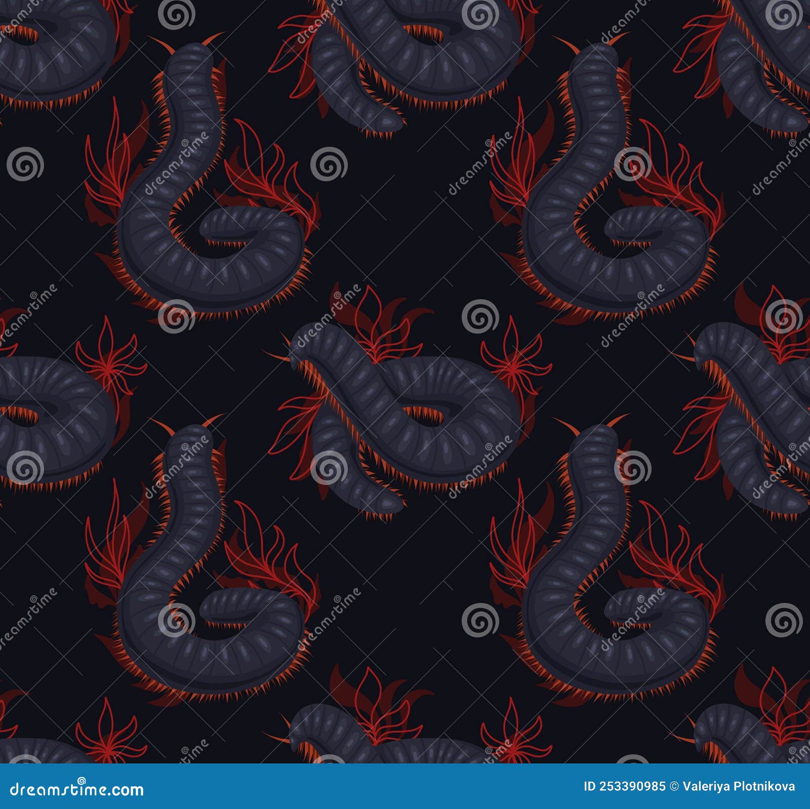 Seamless Pattern with Scary Centipedes with Foliage and Leaves on Dark ...