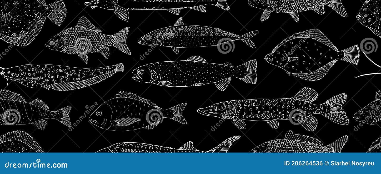 Seamless Pattern of School Fish, Hand Drawn. White Contour of Sea and ...