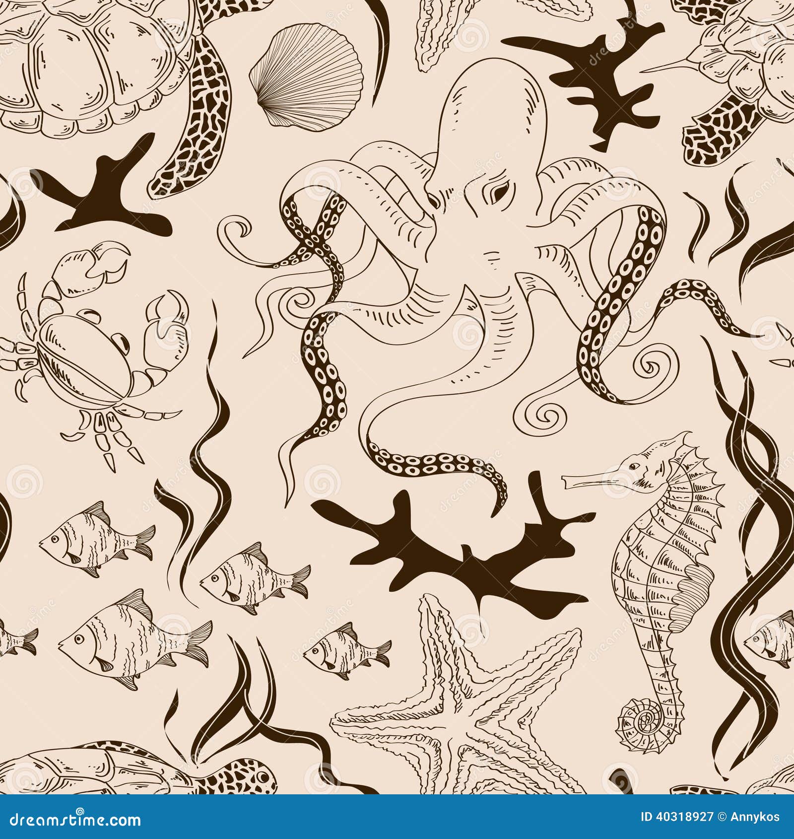 Seamless Pattern of Sea Animals Stock Vector - Illustration of sketch ...