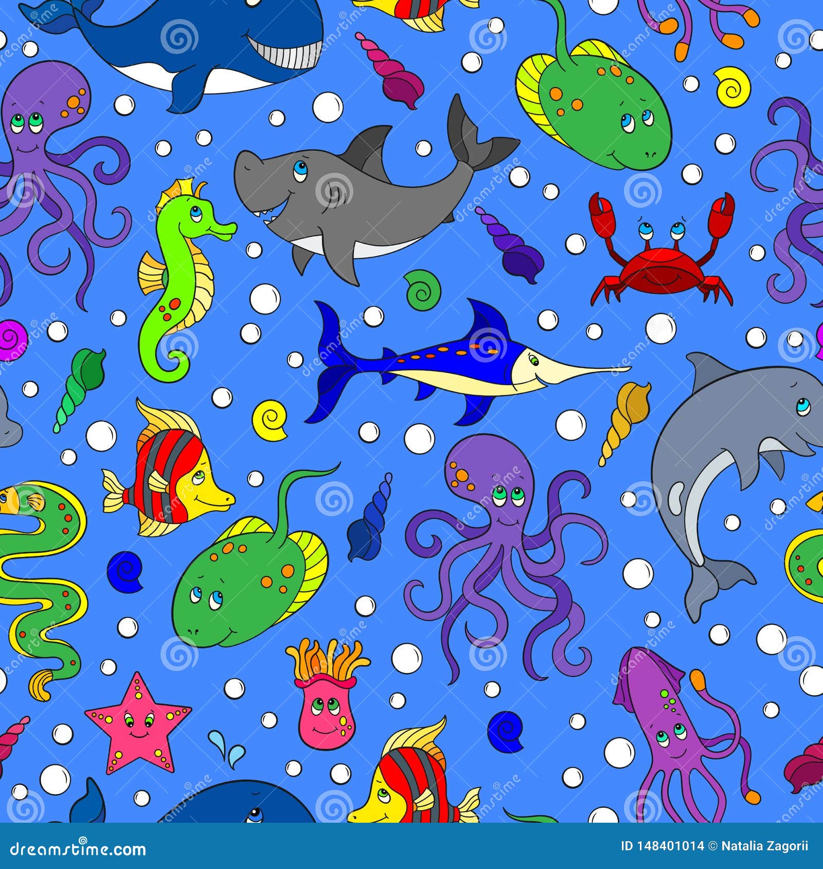 Seamless Illustration with Sea Creatures, Funny Cartoon Animals on Blue ...