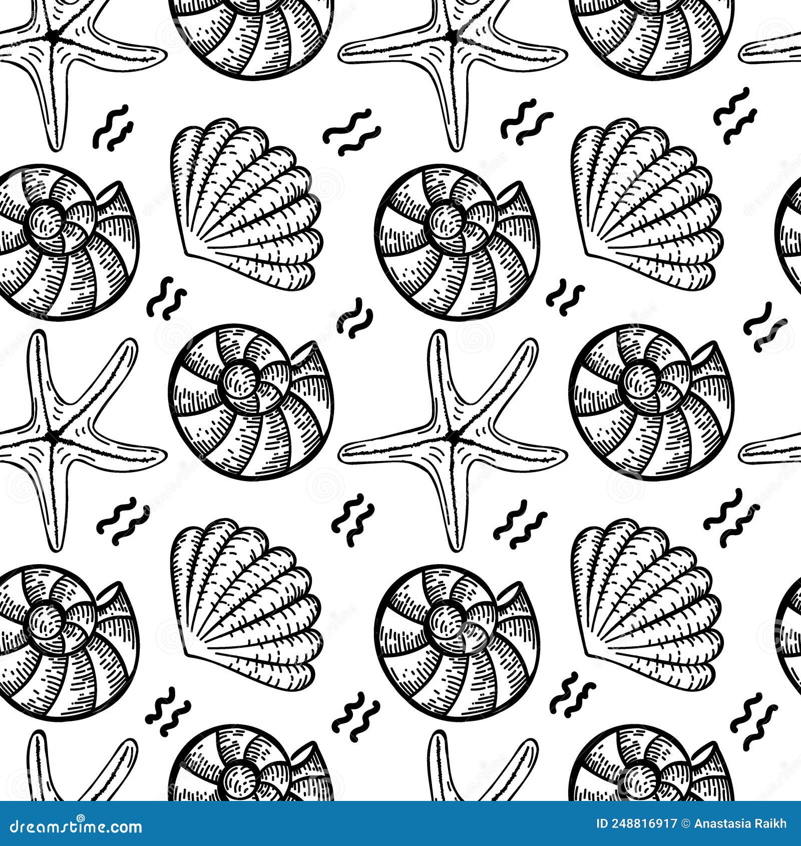 Seamless Pattern of Sea Creatures, Hand-drawn in Sketch Style. Shells ...