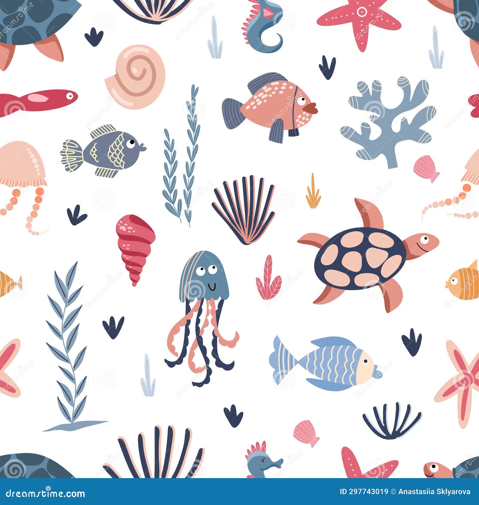 Seamless Pattern of Sea Creatures, Seaweed and Corals Stock Vector ...