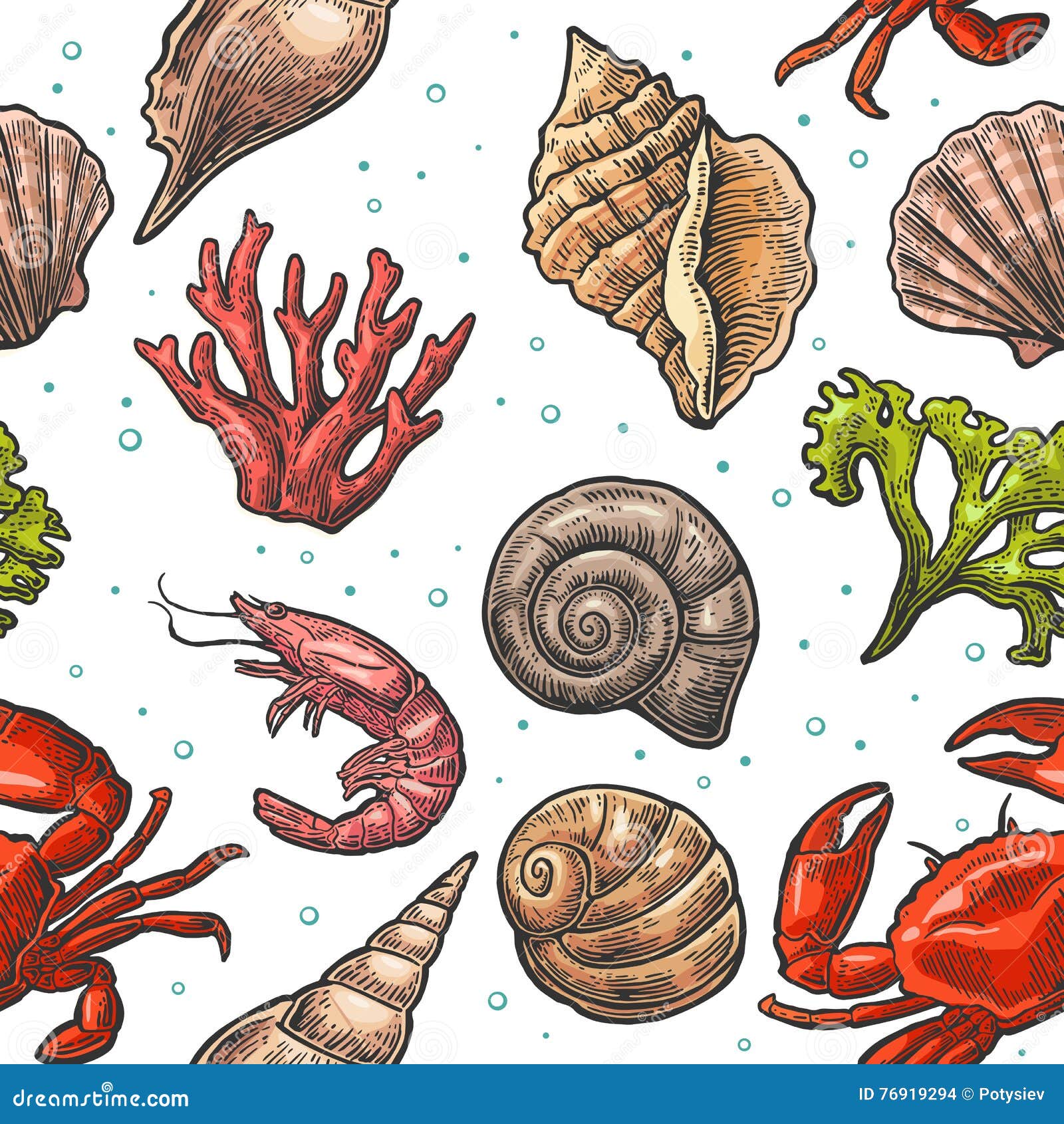 Seamless Pattern Sea Shell, Coral, Crab and Shrimp. Vector Engraving ...