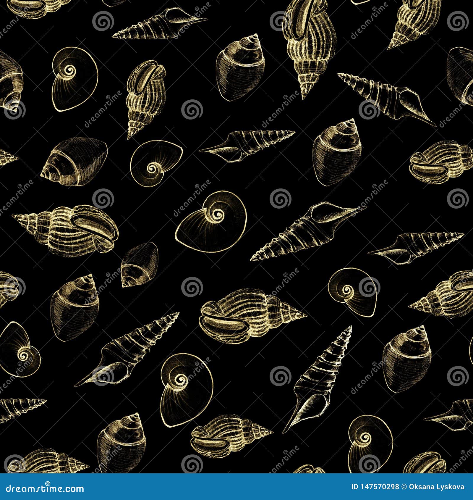 Seamless Pattern of Sea Shells on Black Background. Manual Graphics ...