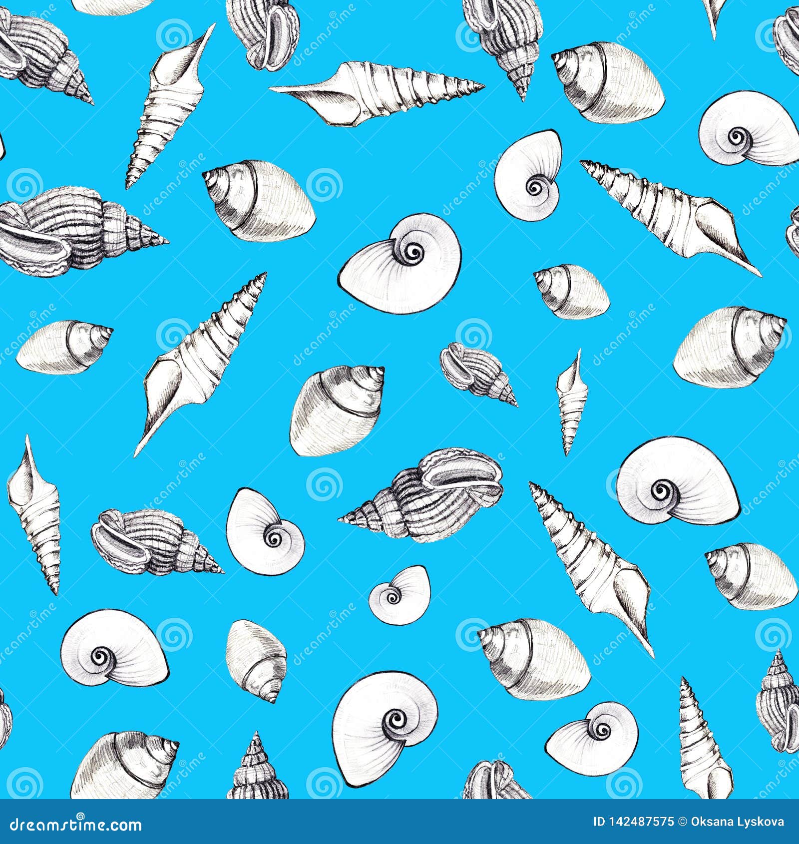 Seamless Pattern of Sea Shells on Blue Background. Manual Graphics ...