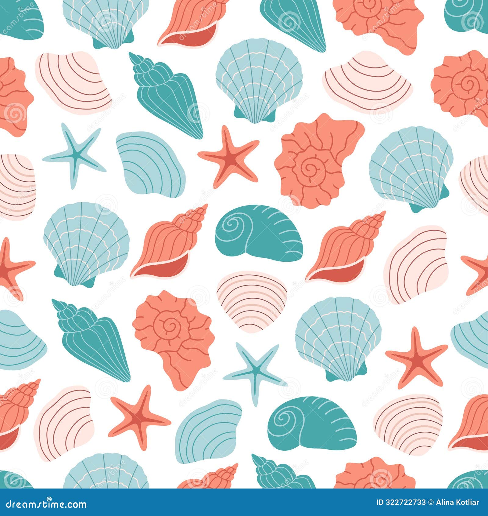 Seamless Pattern with Sea Shells, Mollusks, Starfish. Tropical Beach ...