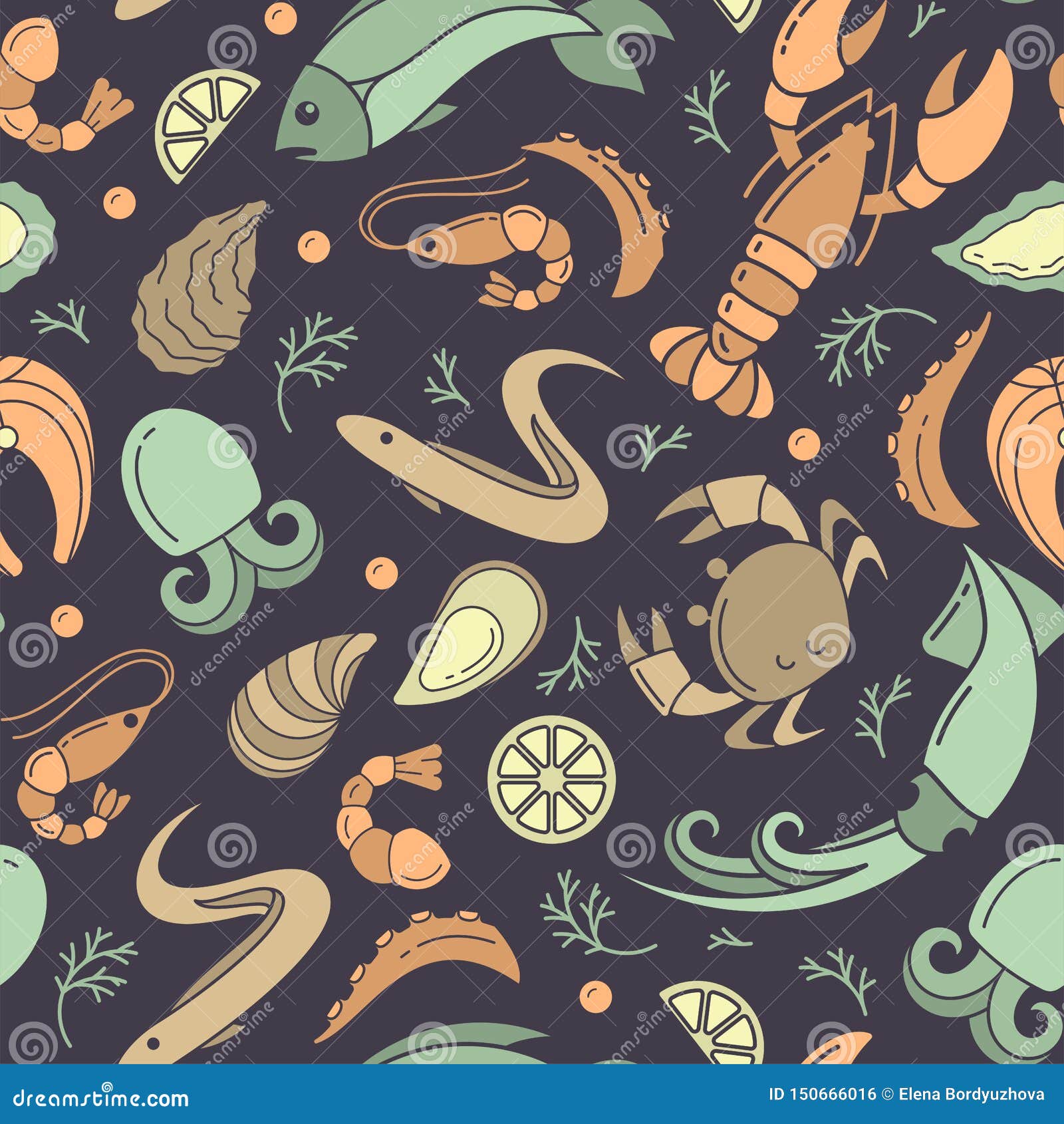 Seamless Pattern with Seafood Elements in Flat Style Stock Vector ...