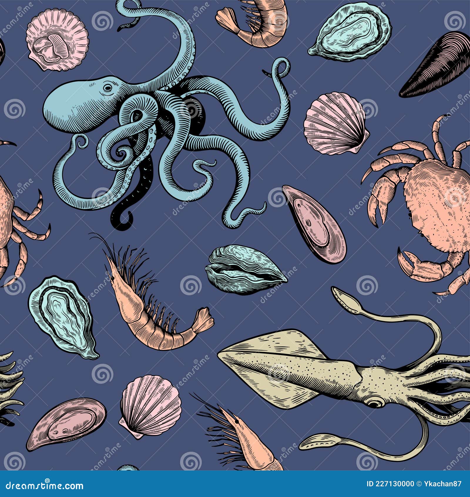 Seamless Pattern with Seafood Elements in Woodcut Style and Pastel ...
