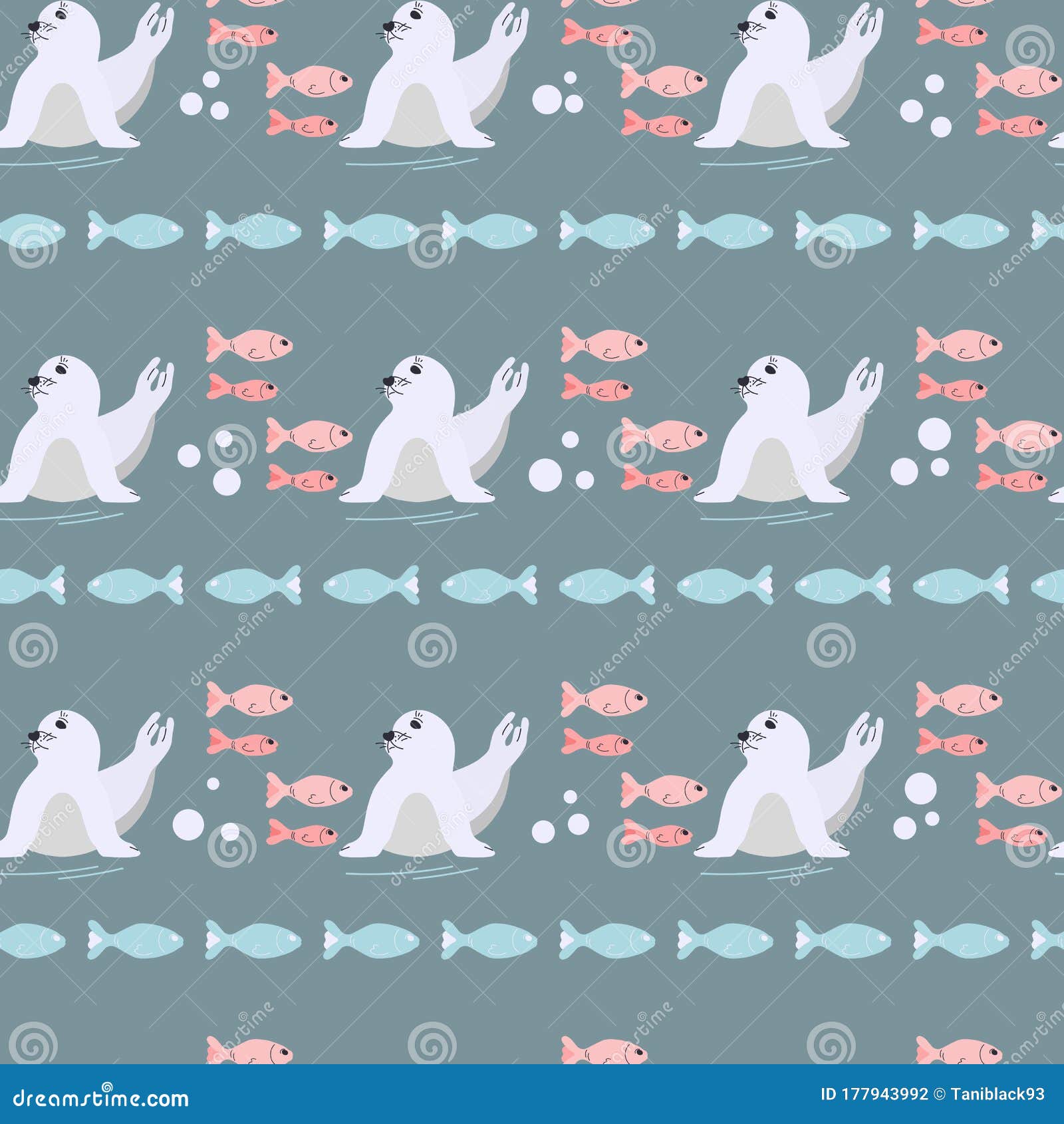 Seamless Pattern With Seal Pups And Fish. Vector Illustration Of ...