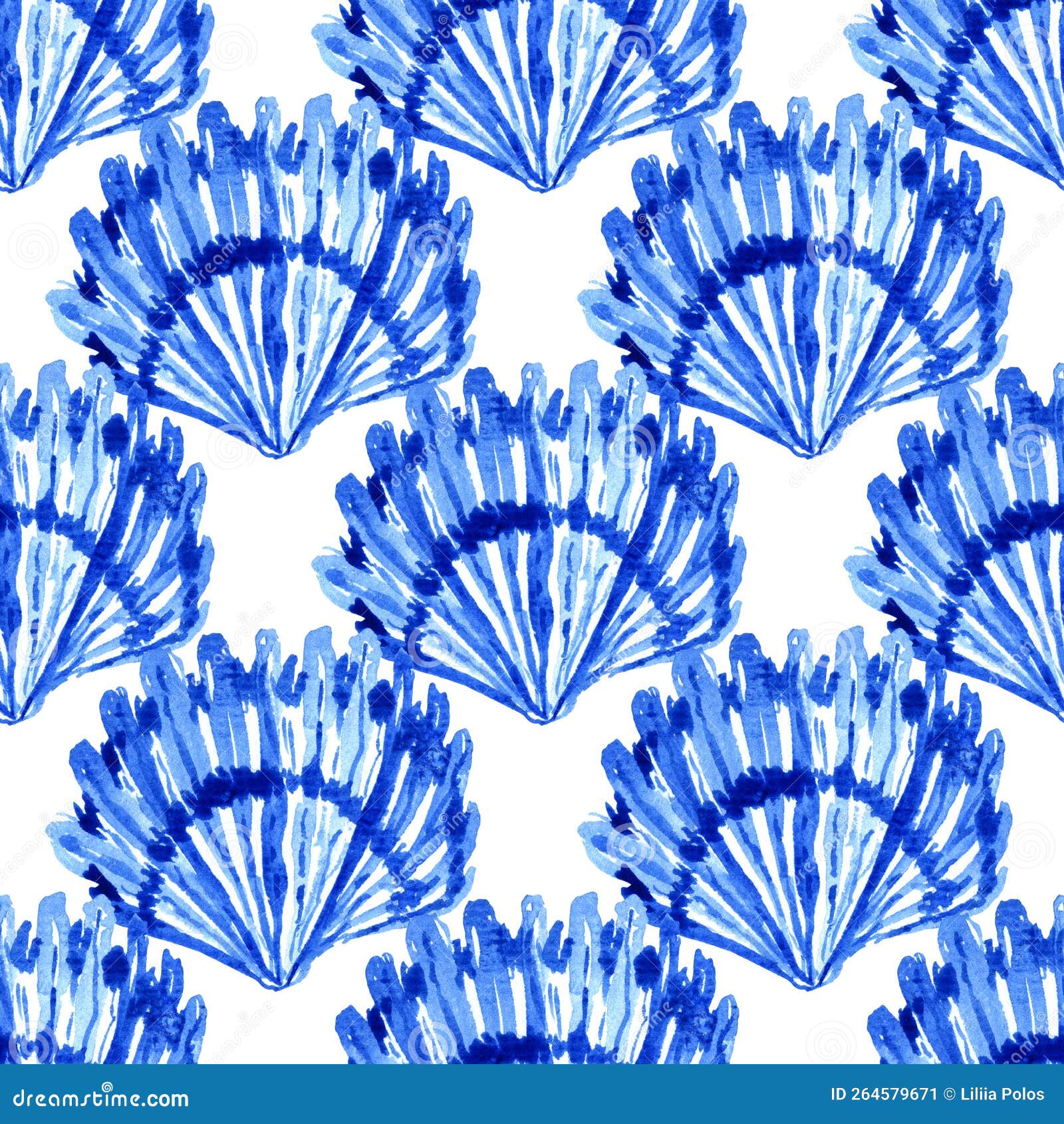 Seamless Pattern With Seashells In Blue Watercolor Stock Illustration