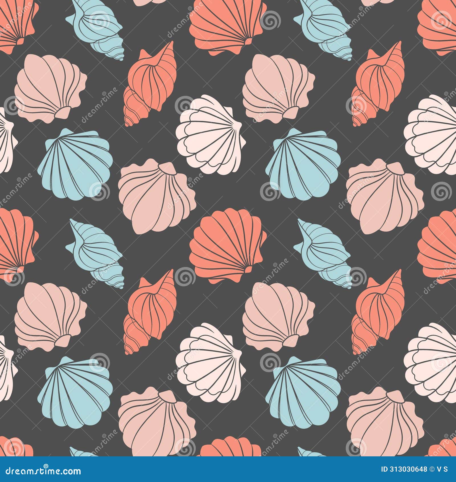 Seamless Pattern from Seashells. Seashells in Pastel Colors on a Gray ...