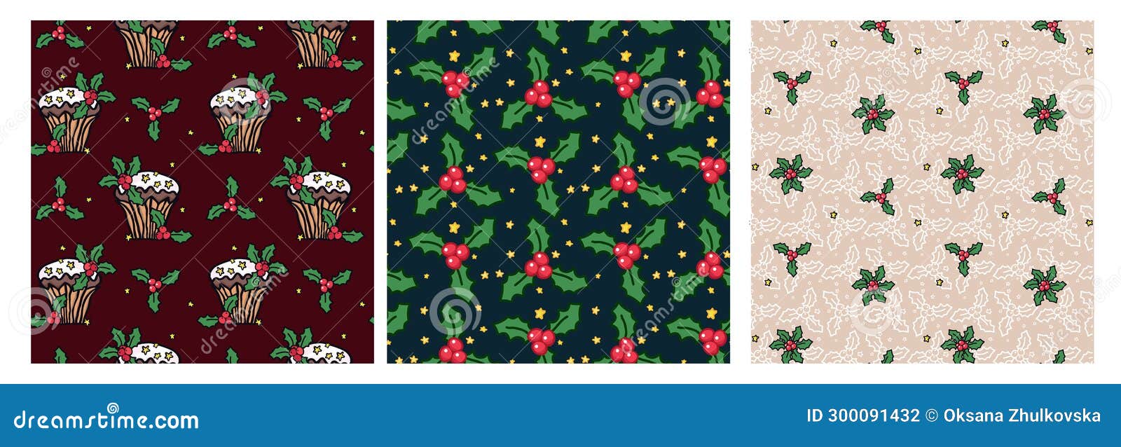 Seamless Pattern Set with Christmas Botanical Greenery Plants. Endless ...