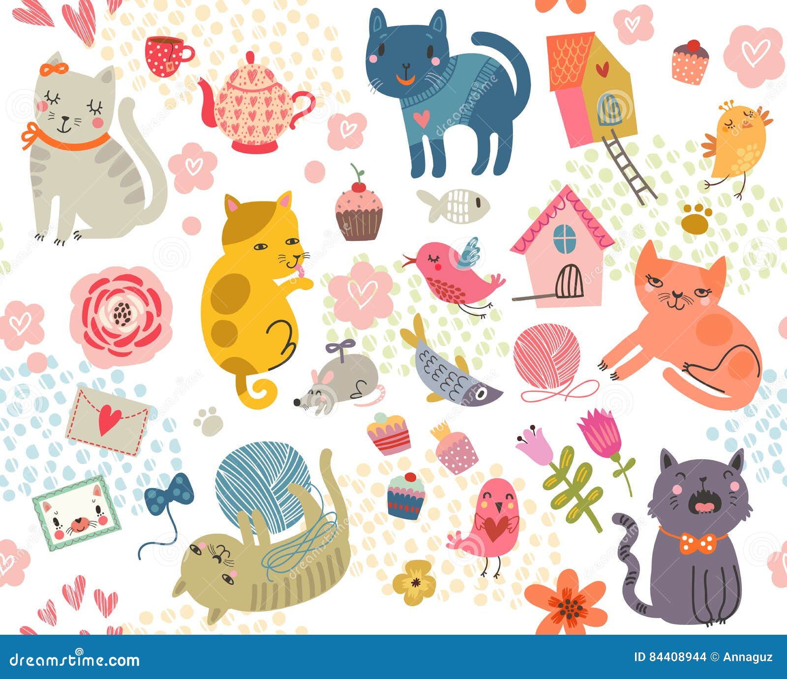 Seamless Pattern. a Set of Cute Cats and Birds Stock Vector ...