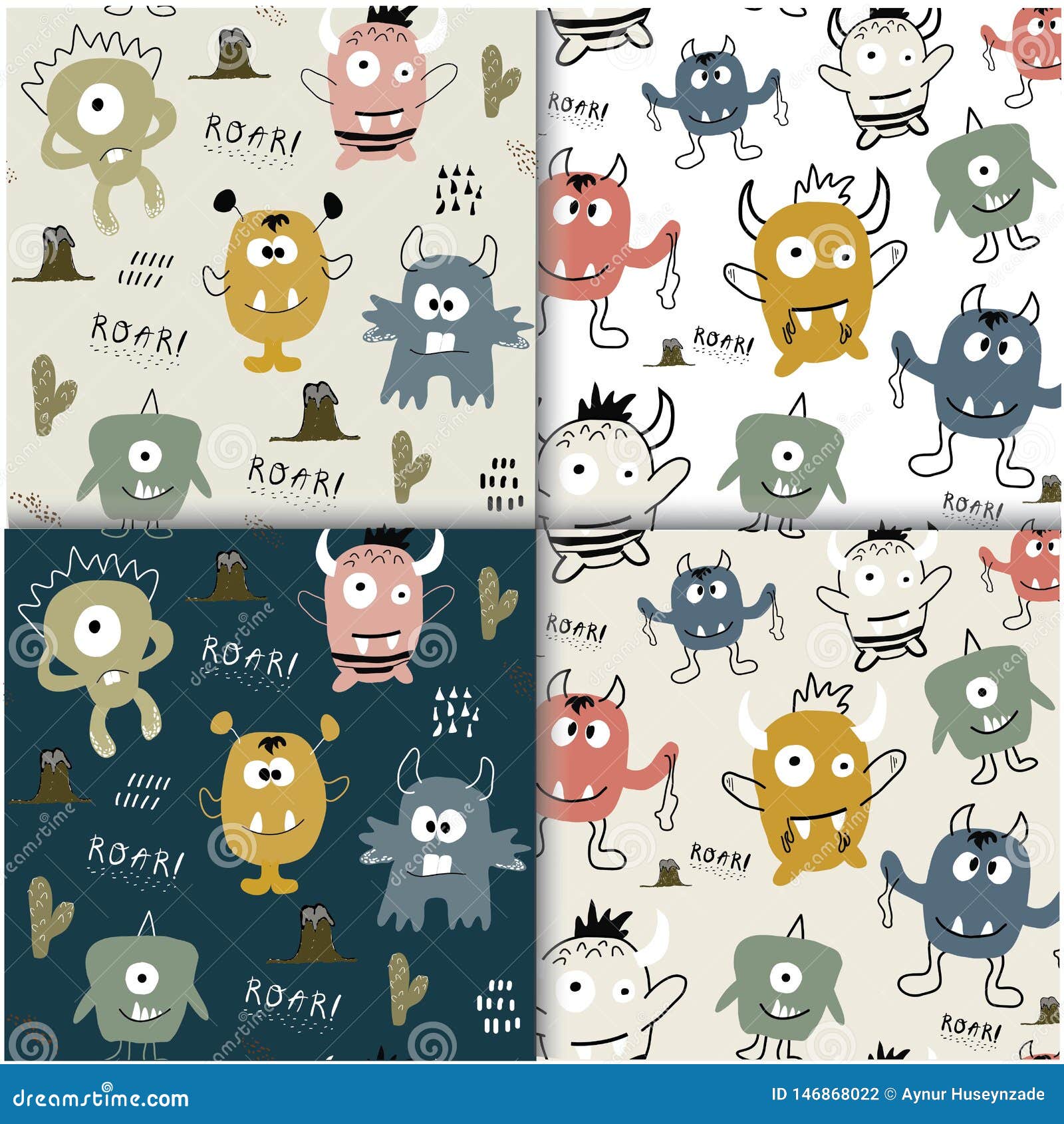 Seamless Pattern Set with Cute Monsters . Childish Vector Illustration ...