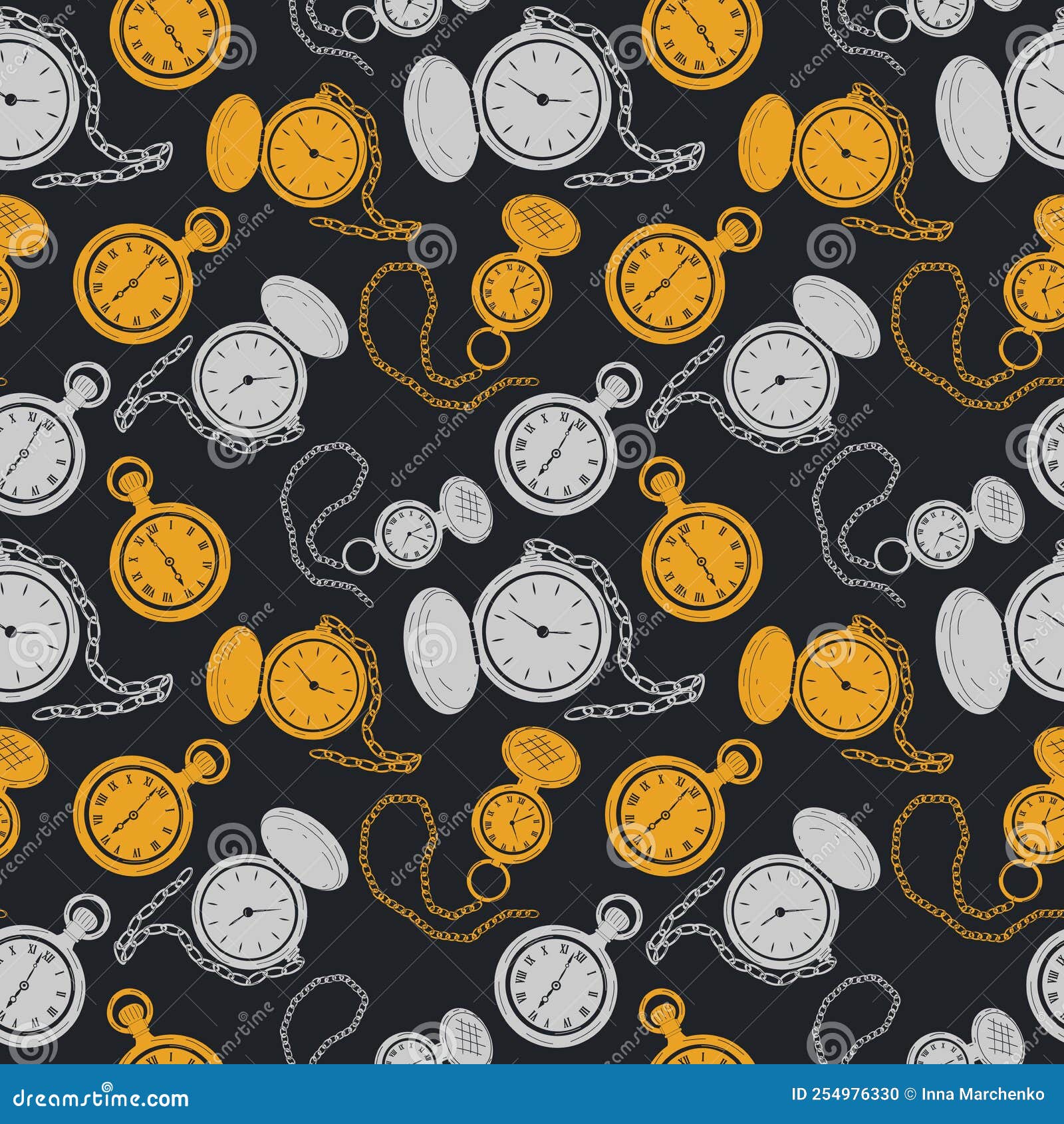 Seamless Pattern with Set of Pocket Watches in Silver and Gold. Stock ...